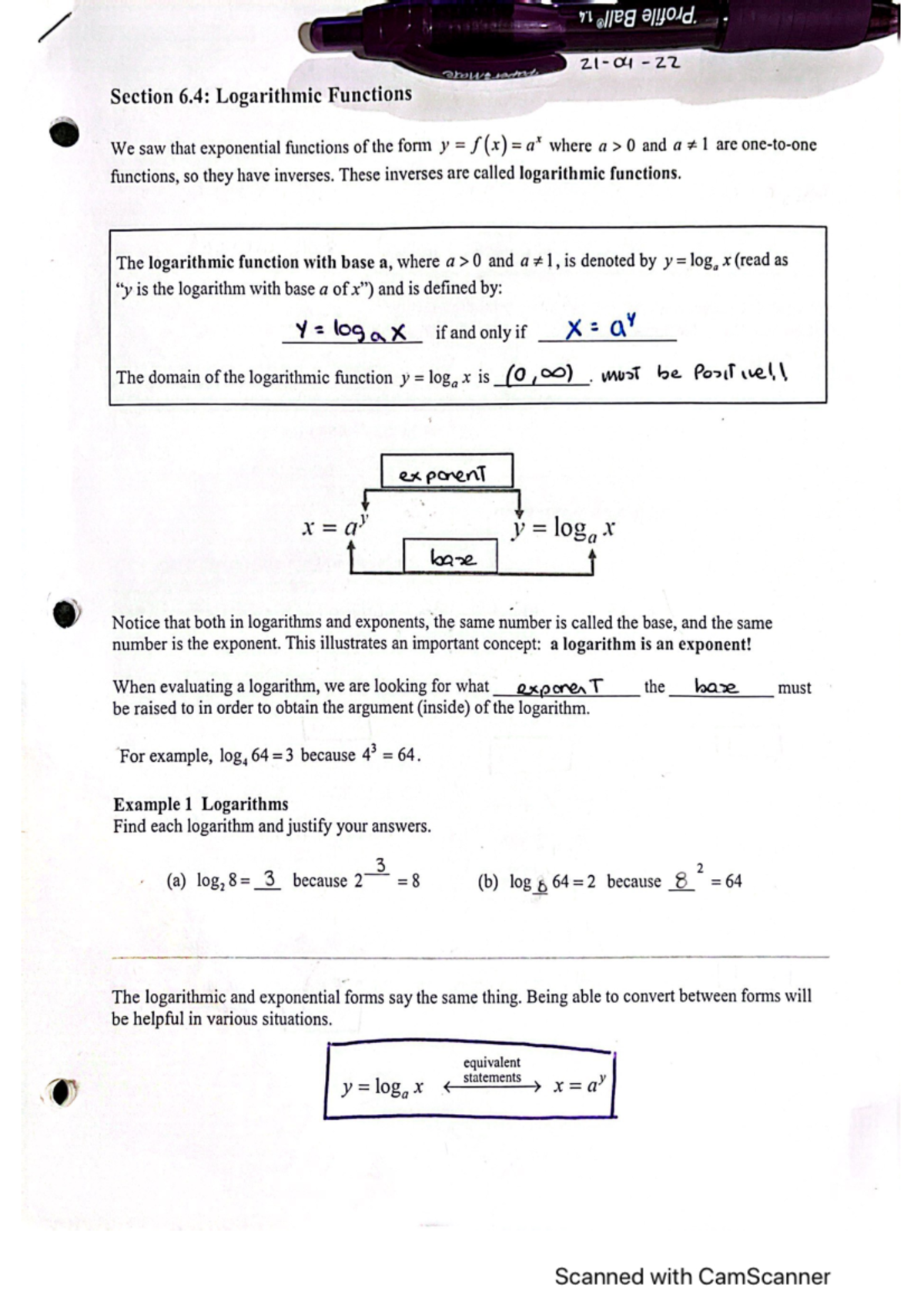 Math 131 Section 6.4 - Section 6: Logarithmic Functions We saw that exponential functions of the ...