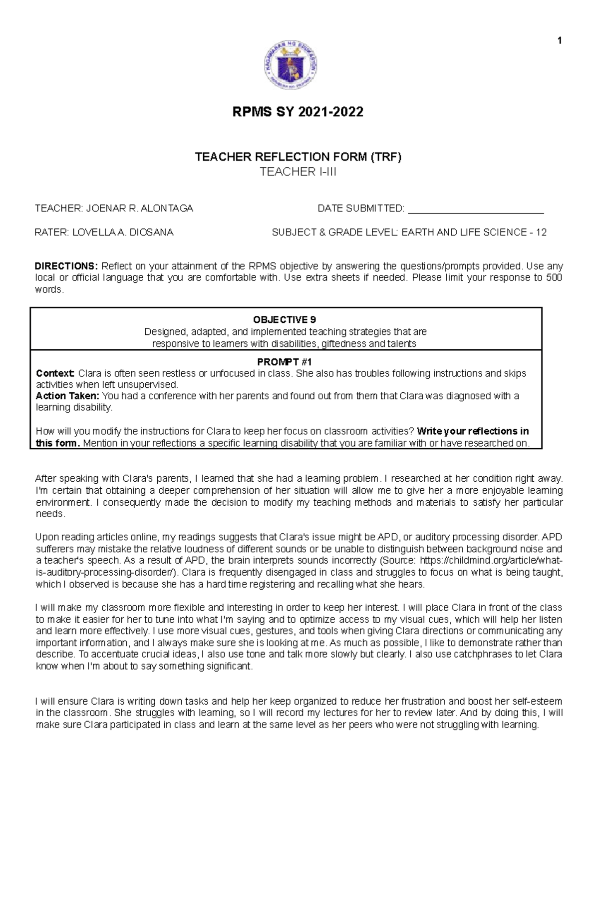 Objective 9 - 1 RPMS SY 2021- TEACHER REFLECTION FORM (TRF) TEACHER I ...