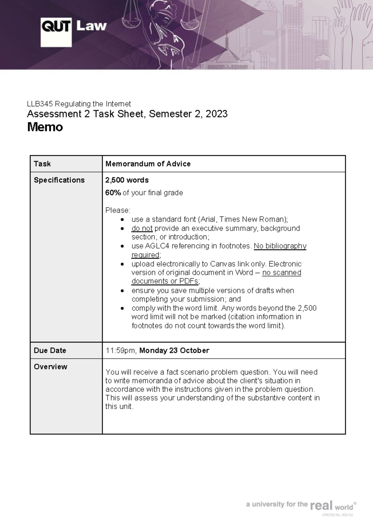 LLB345 Memo Task Sheet - Regulating the Internet Memorandum Task ...