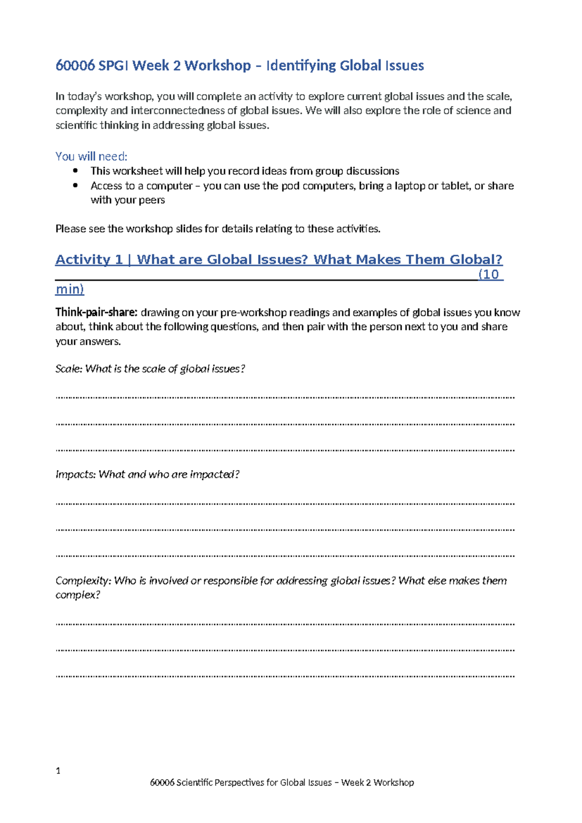 SPGI Week 2 workshop worksheet - 60006 SPGI Week 2 Workshop ...