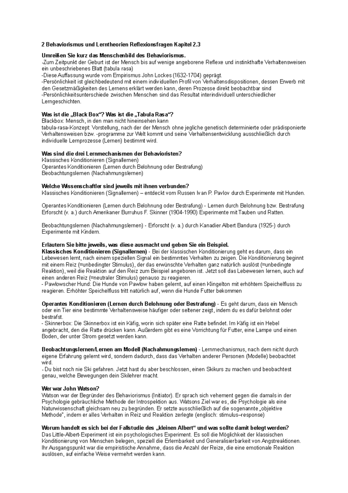4 Behaviorismus und Lerntheorien Reflexionsfragen - Umreißen Sie kurz ...