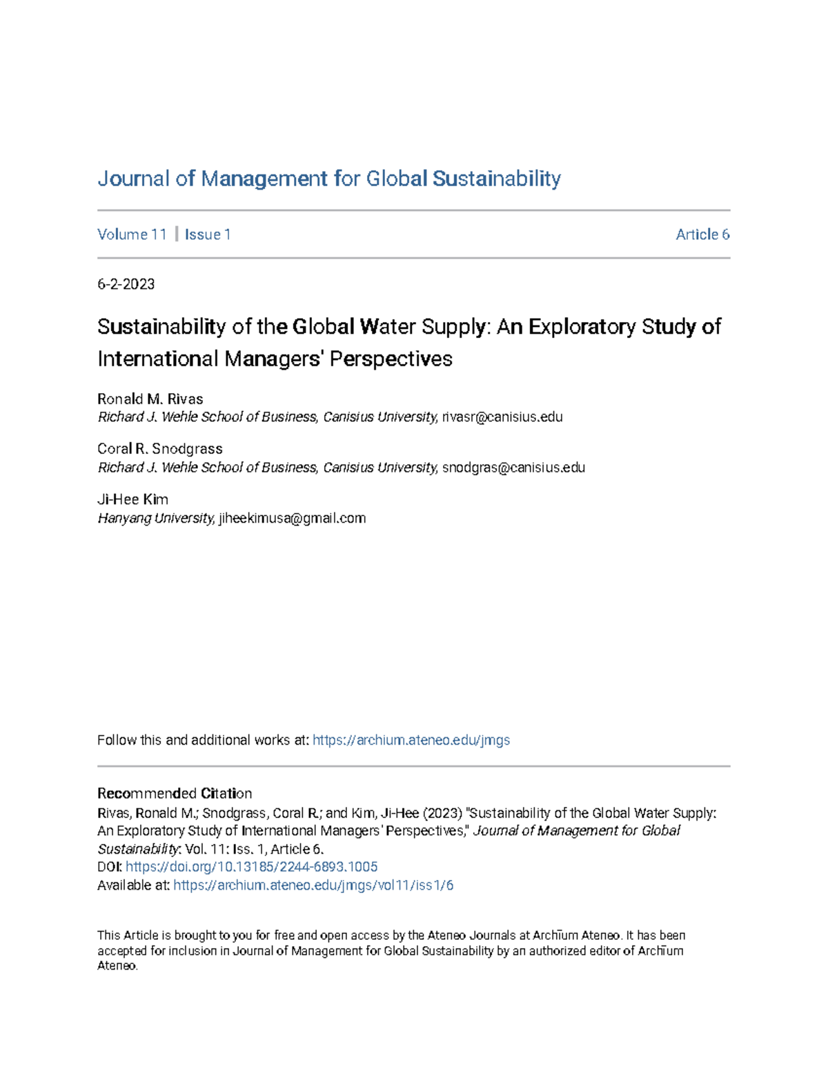 Sustainability of the Global Water Supply An Exploratory Study o ...