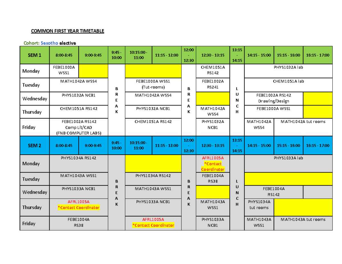 Cohort B Sesotho 2023 Rev3 - COMMON FIRST YEAR TIMETABLE Cohort ...