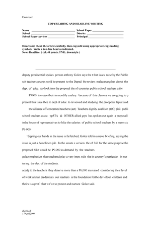 Copyreading and headline writing exercise english category - - Studocu