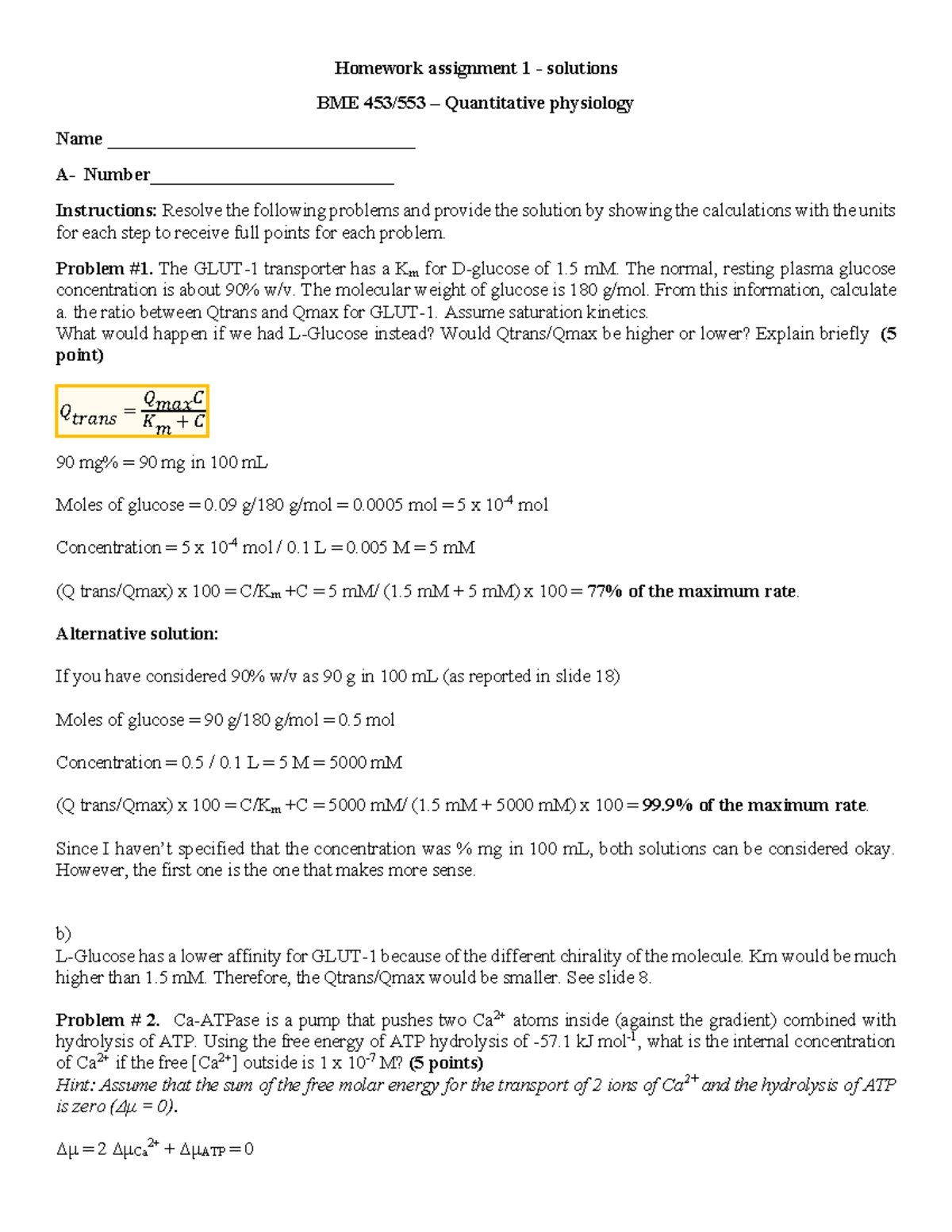 Homework 1 solutions revised - Homework assignment 1 - solutions BME 453/553 – Quantitative ...