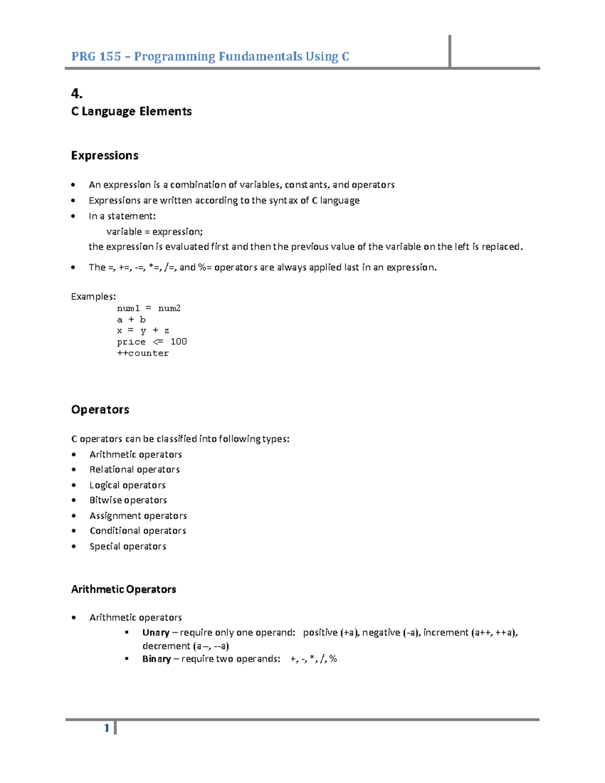 4 Operators Lecture Notes 4 4 C Language Elements Expressions An Expression Is A 0122