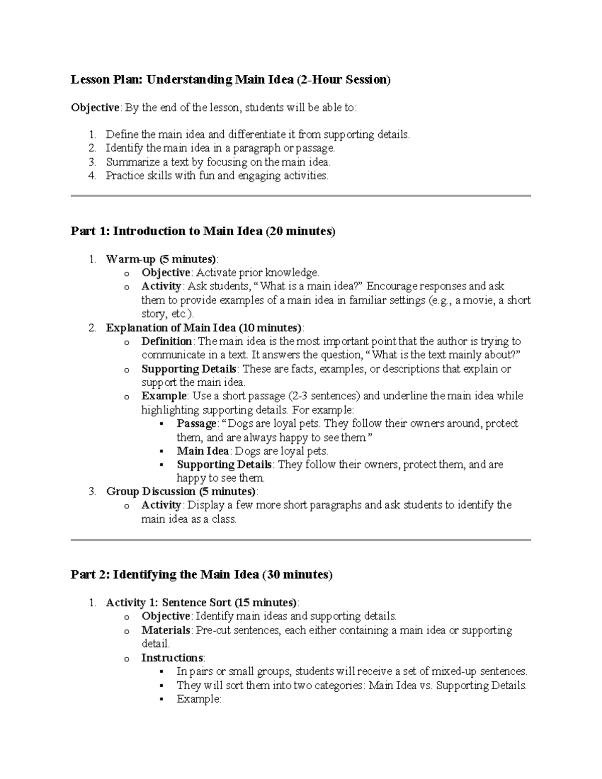 Lesson Plan - Define the main idea and differentiate it from supporting ...