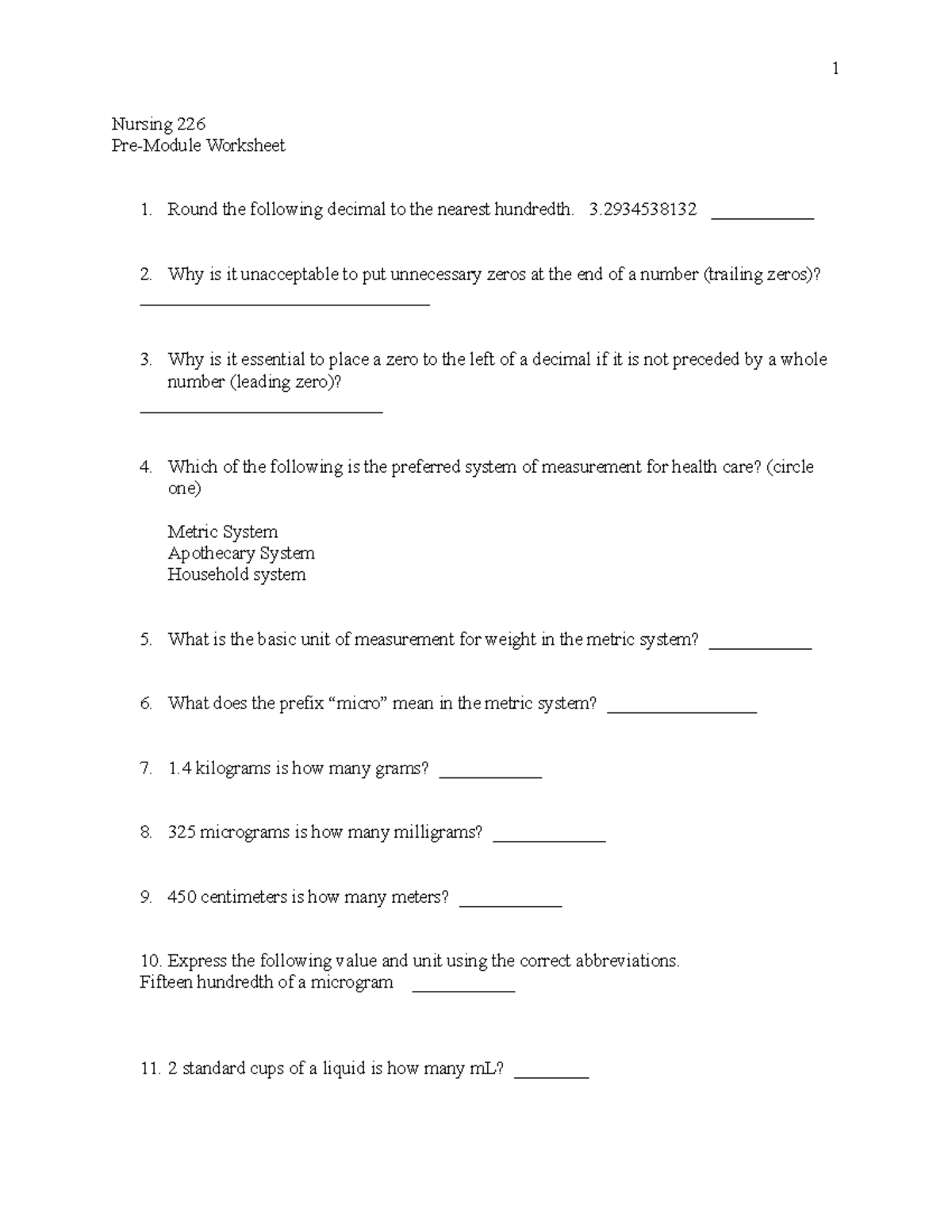 Med Math Worksheet Premodule 1 Nursing 226Pre Module Worksheet Round Med Math Worksheet Premodule 1 Nursing 226Pre Module Worksheet Round