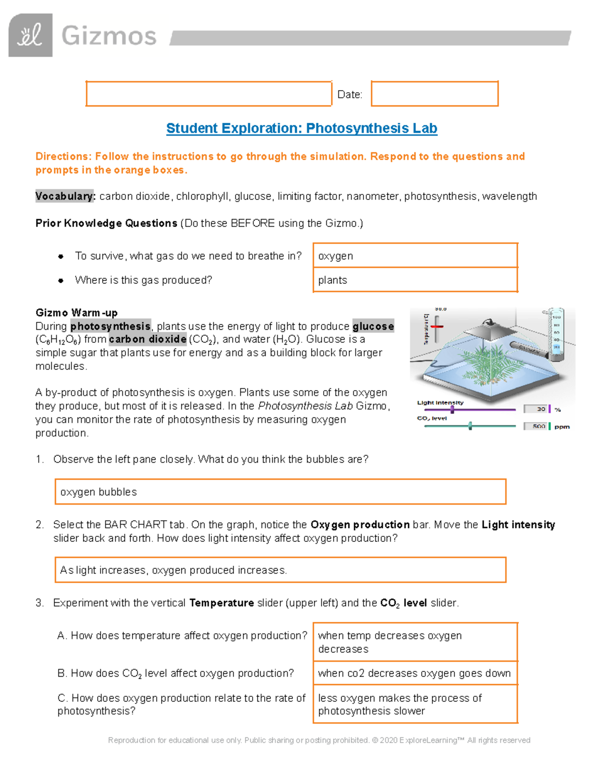 Photosynthesis Gizmo - Date: Student Exploration: Photosynthesis Lab ...