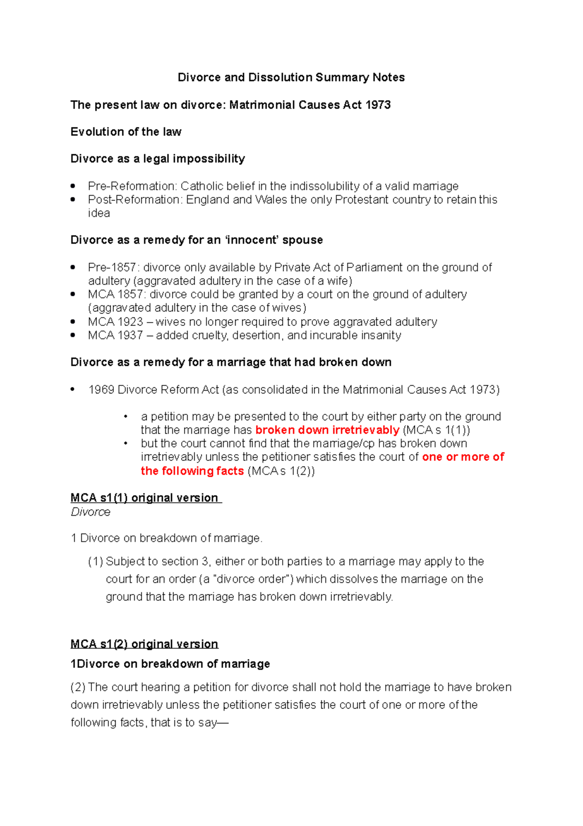 Divorce Summary Notes - Divorce and Dissolution Summary Notes The ...