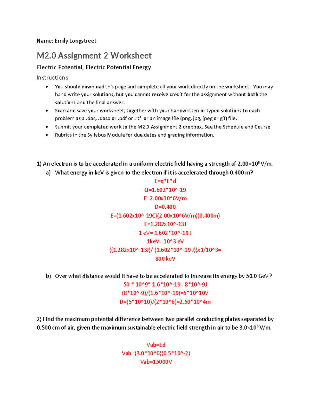 Elongstreet M2 - Module 2 Worksheet - Name: Emily Longstreet M2 Assignment 2 Worksheet Electric ...