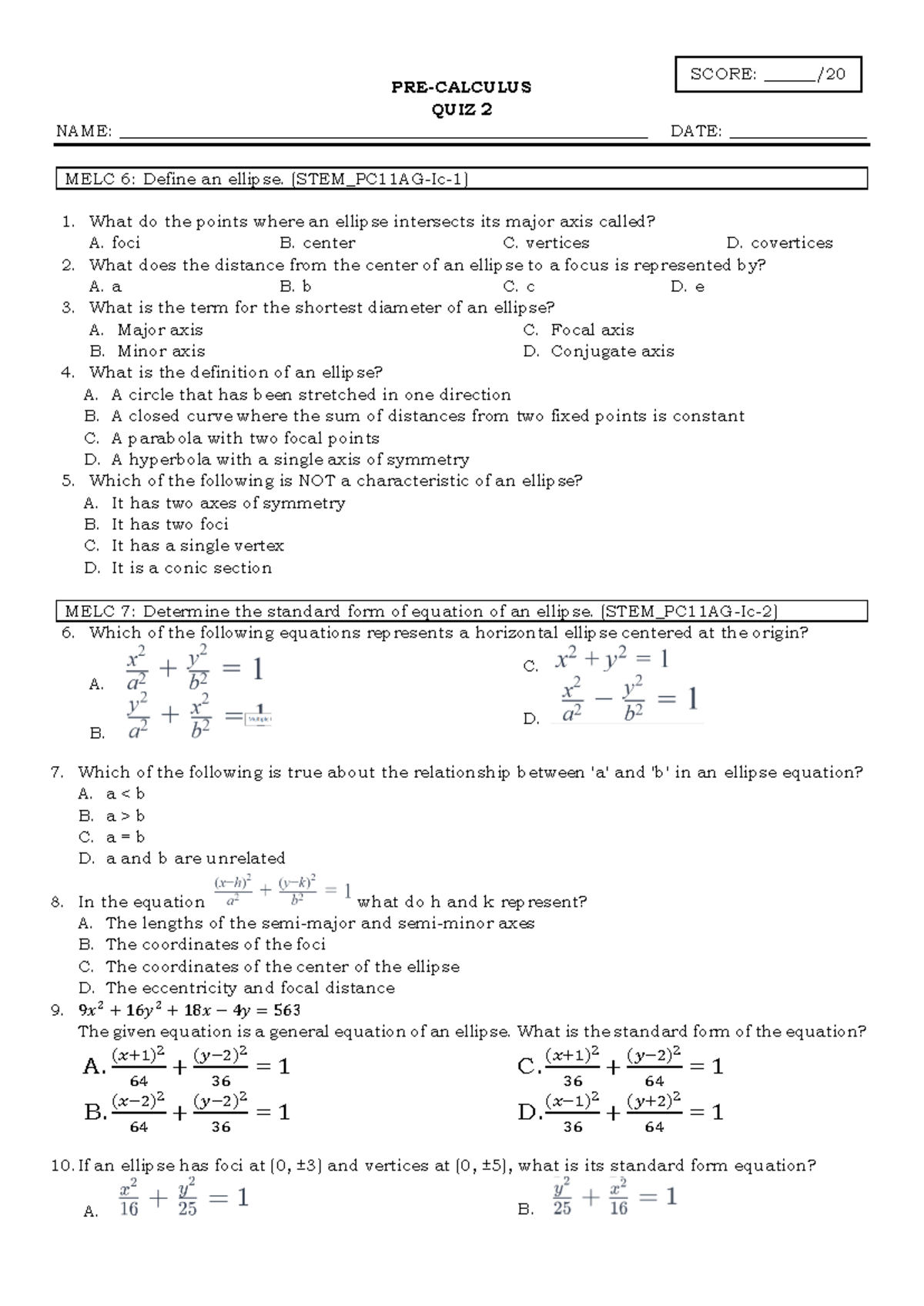 Precalc Quiz 2 - assessment - PRE-CALCULUS QUIZ 2 NAME: - Studocu