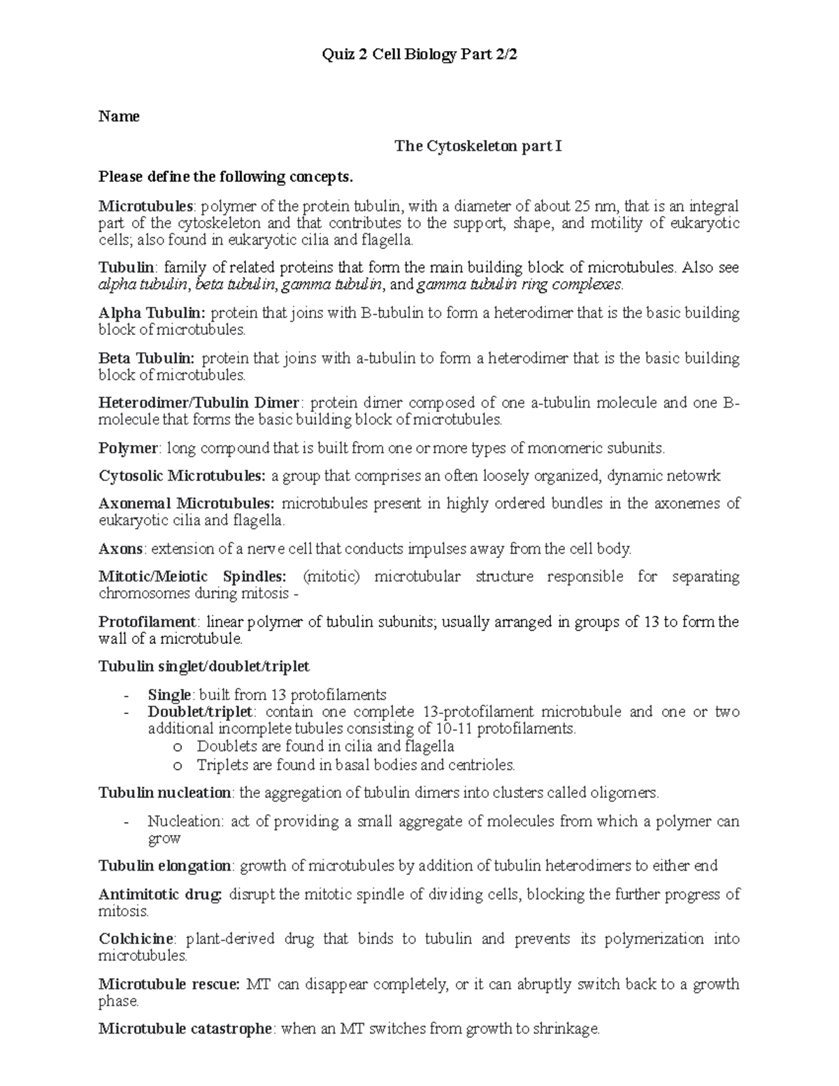 Quiz 2 Cell Biology part 2 of 2 - Quiz 2 Cell Biology Part 2/ Name The ...