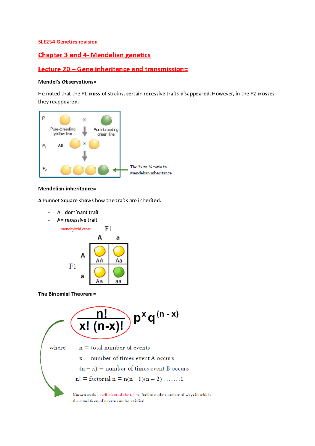 Sle254 Genetics Revision - SLE254 Genetics revision Chapter 3 and 4 ...
