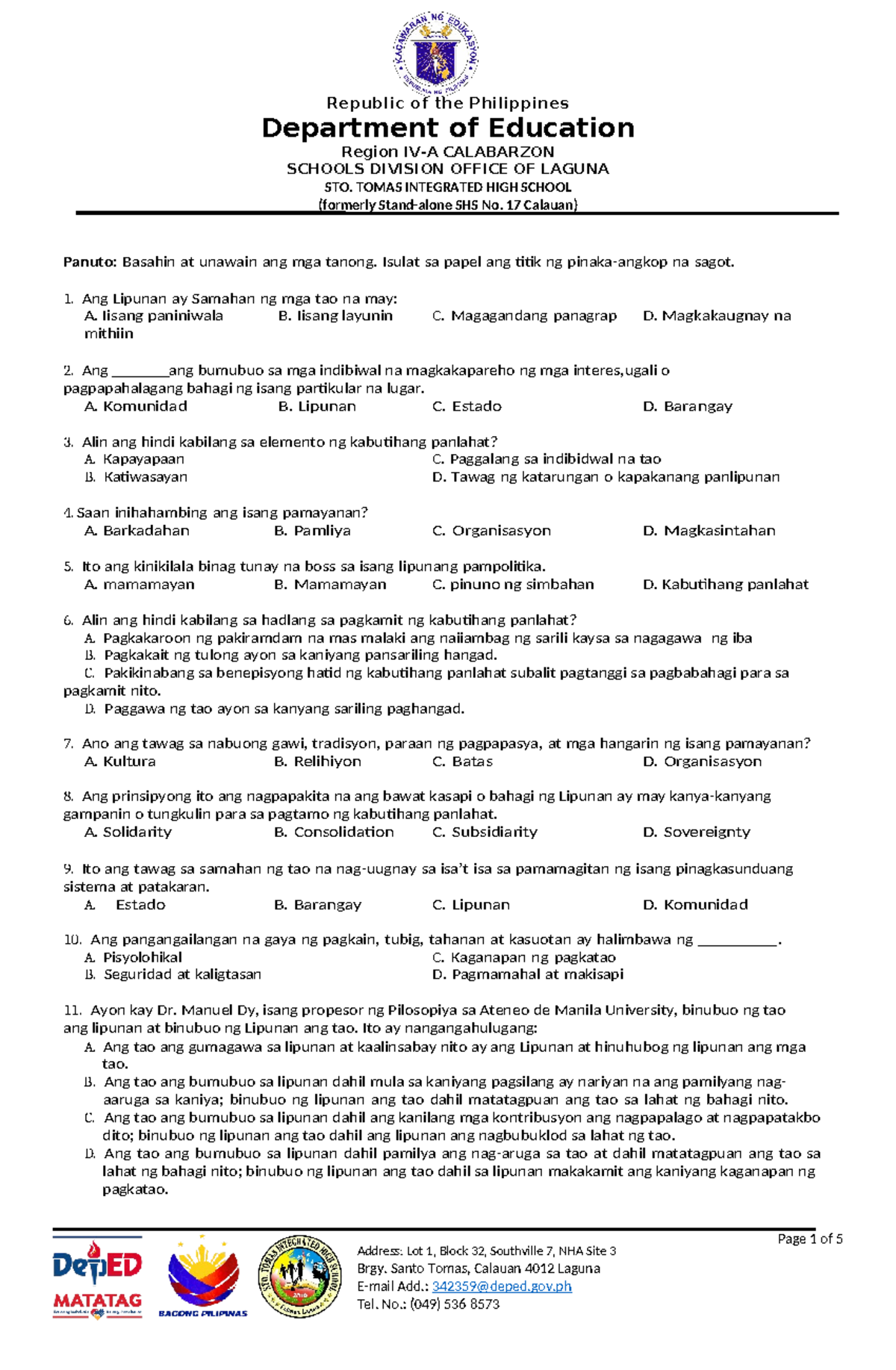 ESP 9 - 1ST Quarter EXAM 24-25 - Address: Lot 1, Block 32, Southville 7 ...
