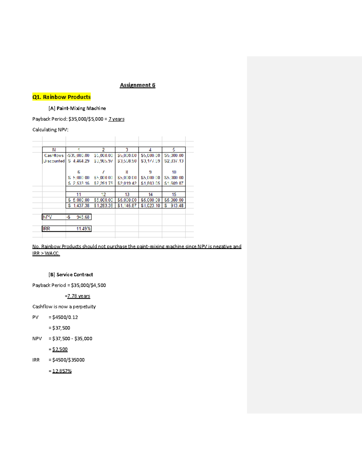 Assignment 6 Prob Set - Assignment 6 Q1. Rainbow Products [A] Paint-Mixing Machine Payback ...