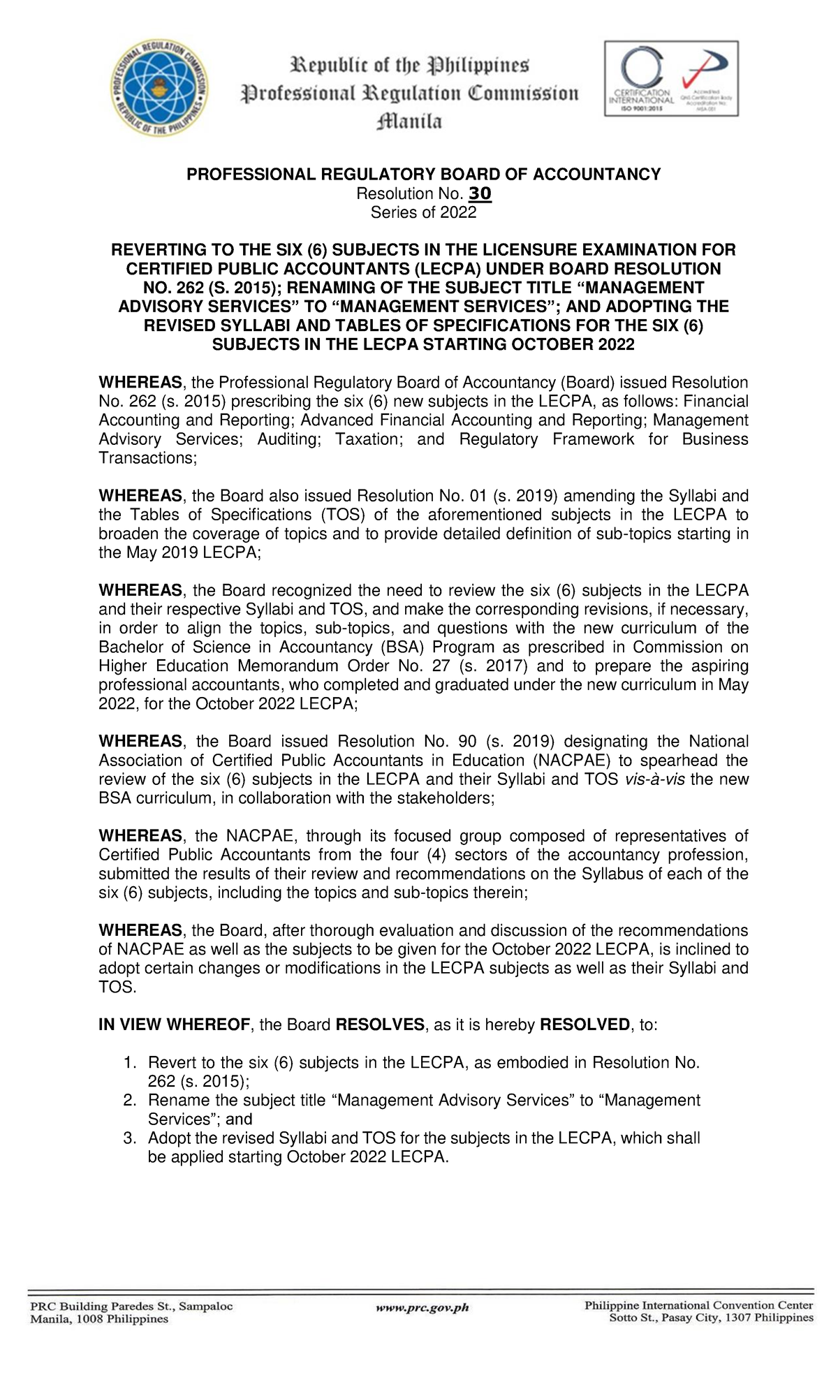 Prboa Resolution No 30 s 2022 Revised Lecpa Syllabi and TOS Effective ...