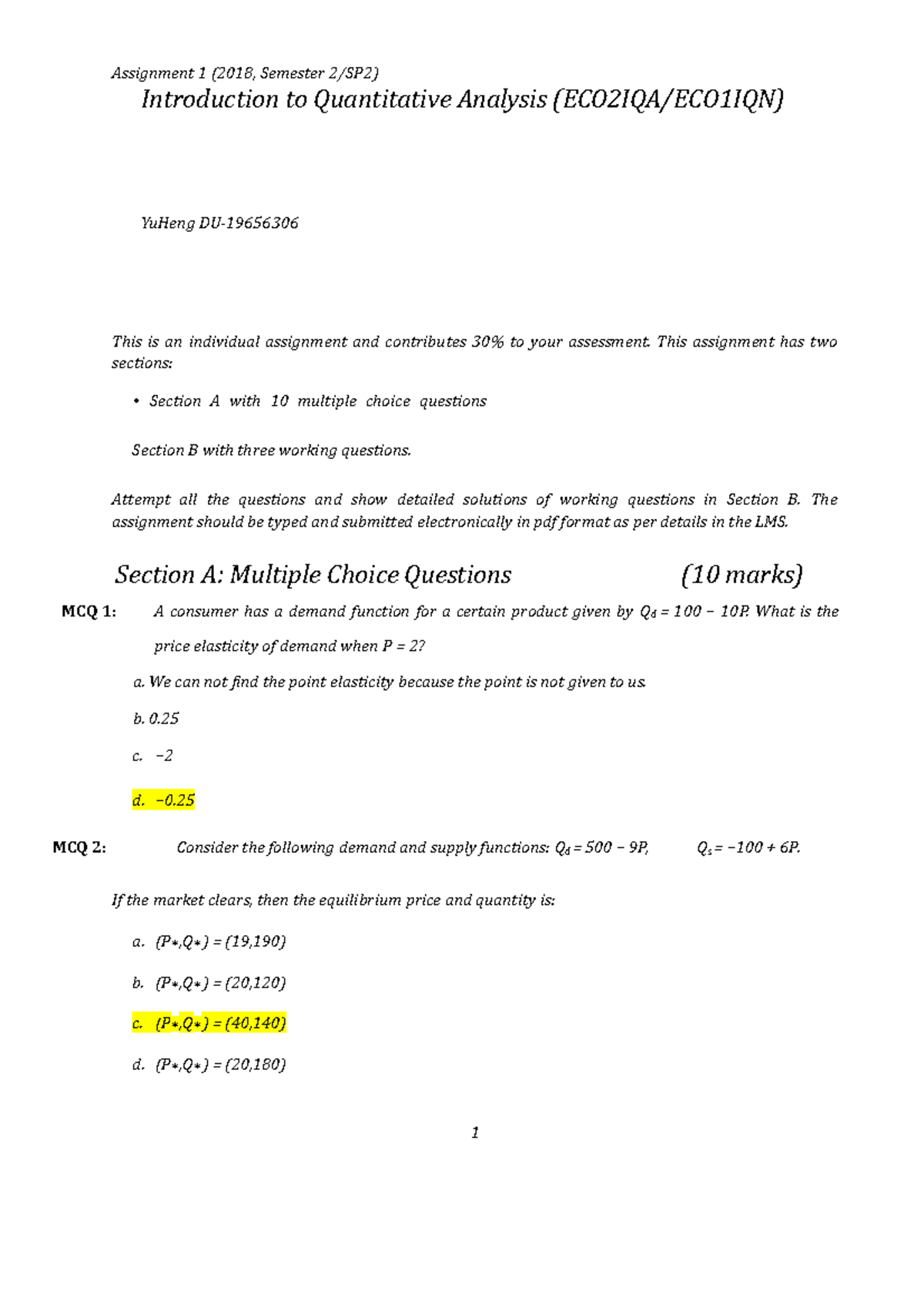 2018 ECO2IQA Assignment S2 - Assignment 1 (2018, Semester 2/SP2 ...