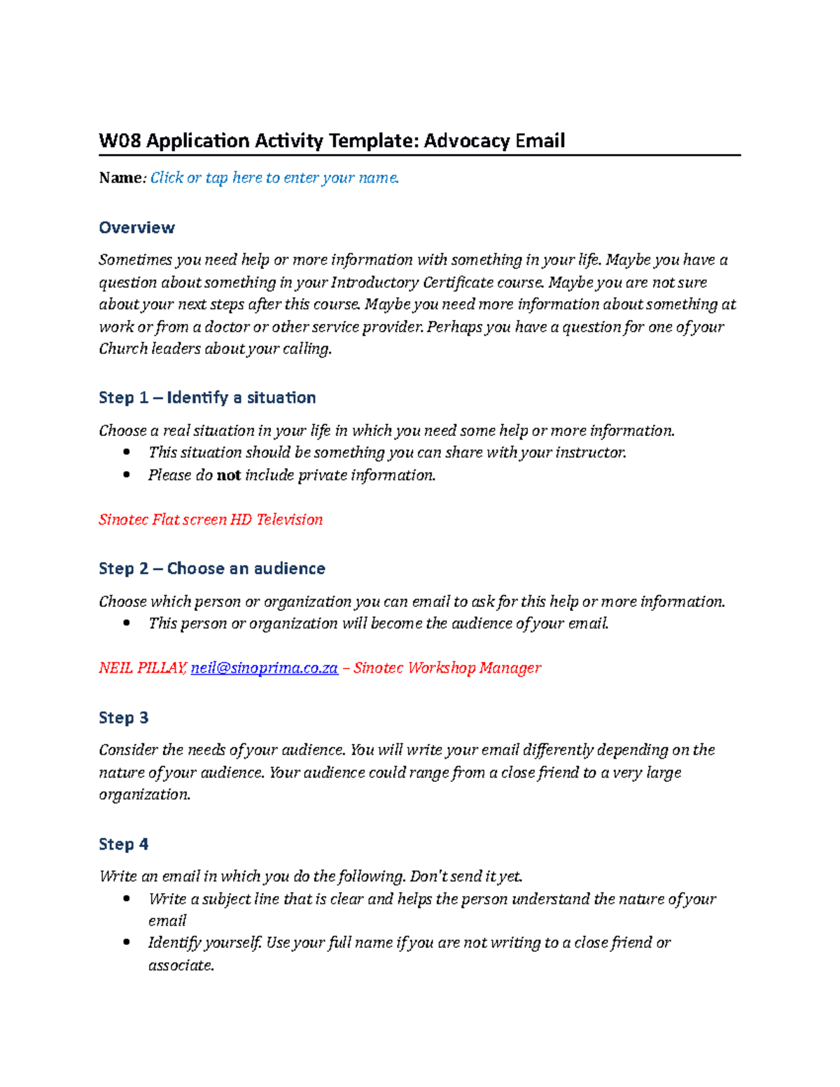 Pc103 document w08Application Activity Template Advocacy Email - W08 ...