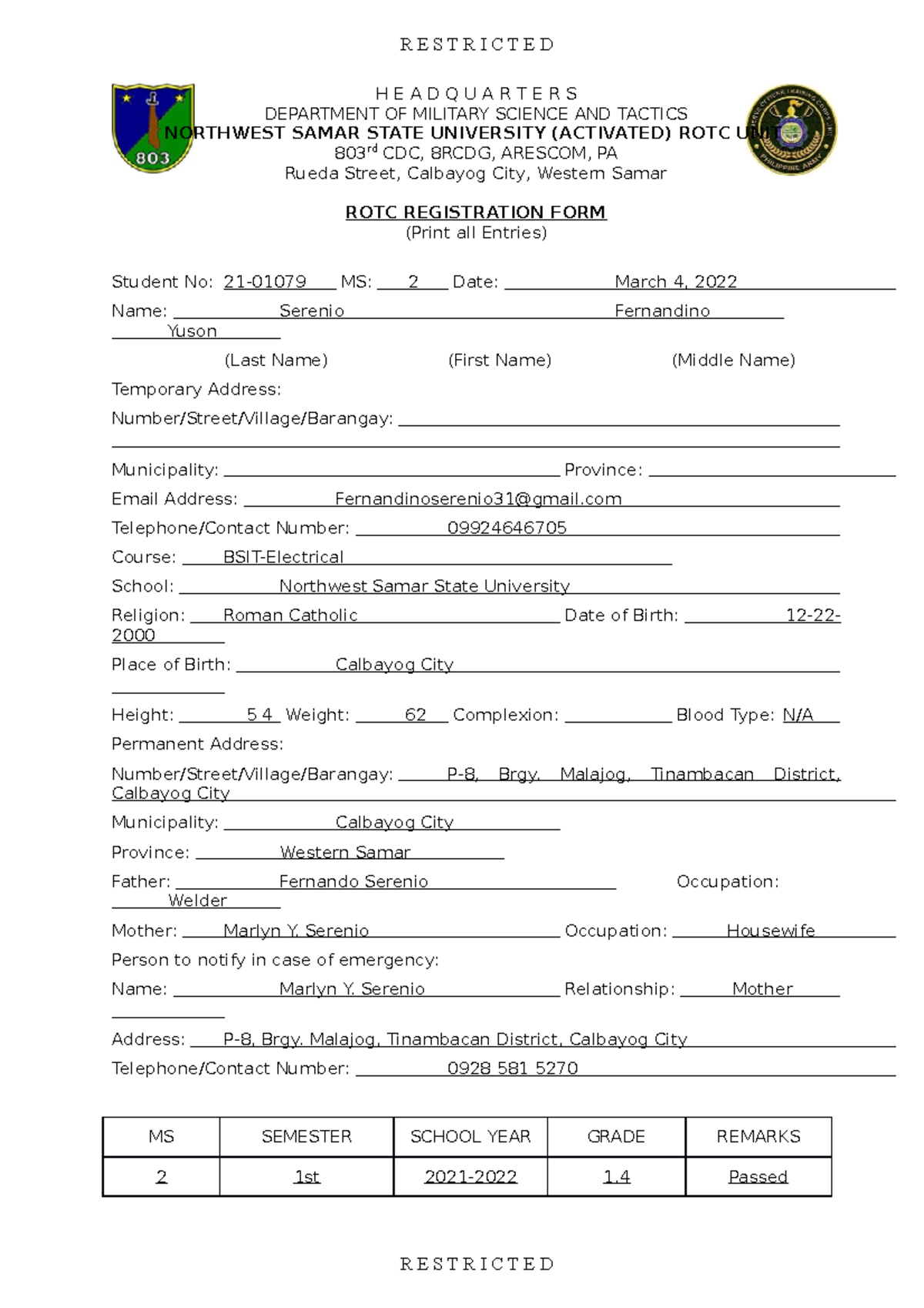 Nw SSU MC ROTC Registration Form - R E S T R I C T E D H E A D Q U A R ...