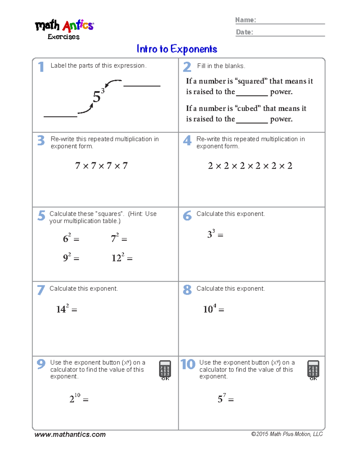 Exercises Intro To Exponents - 1 2 3 4 5 6 7 8 9 10 mathantics © 2015 ...