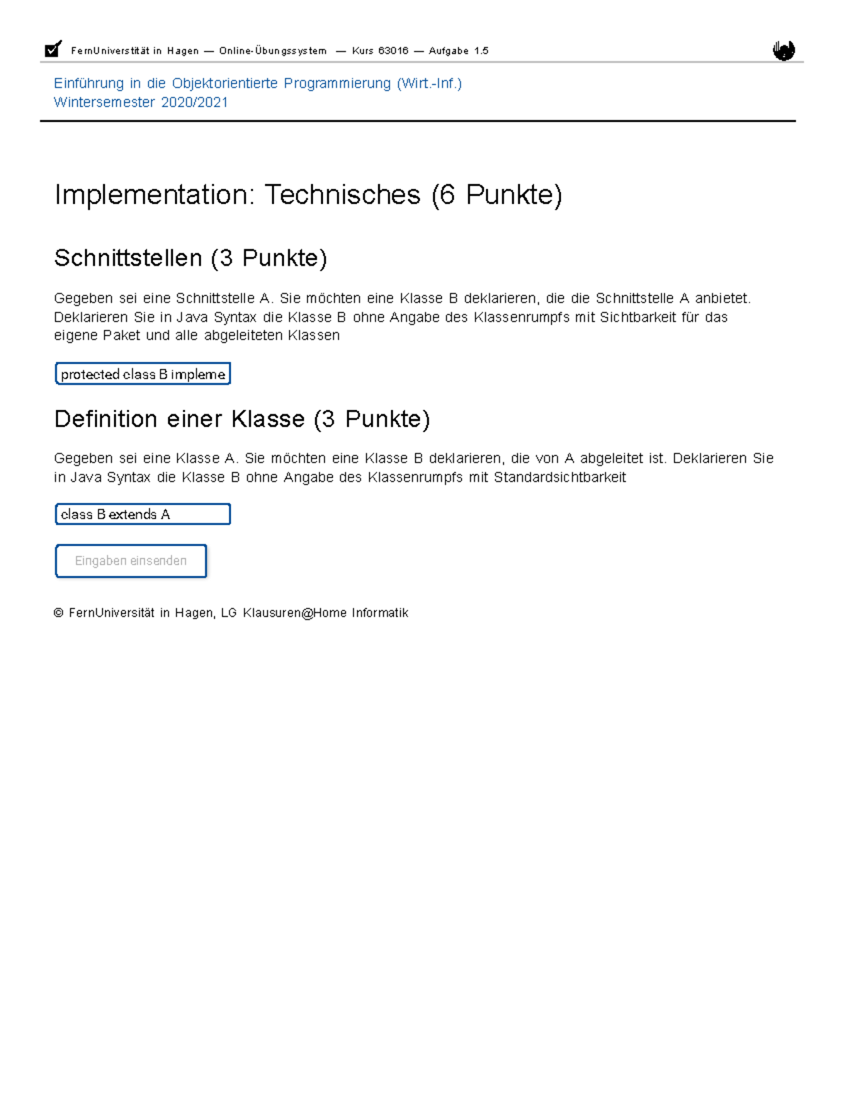 Aufgabe 1.5 — Kurs 63016 — Online-Übungssystem - Einführung in die ...