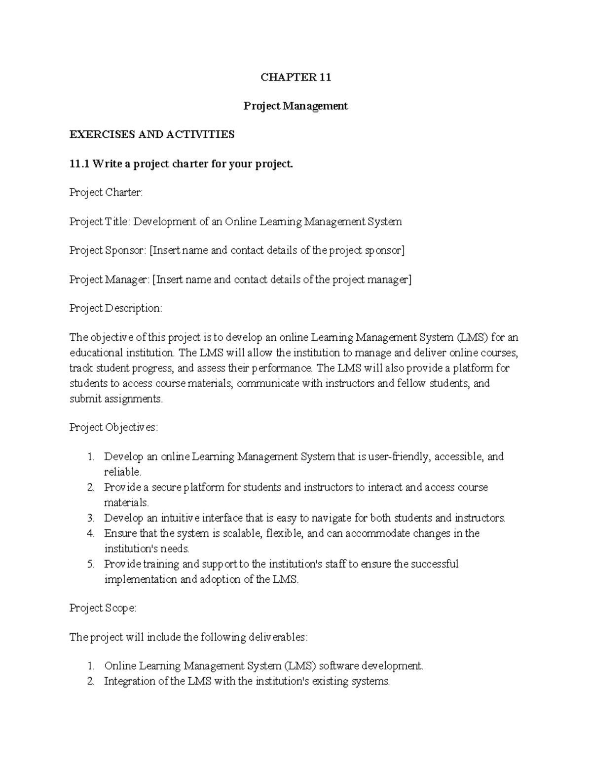 Chapter 11 - Notes - CHAPTER 11 Project Management EXERCISES AND ...