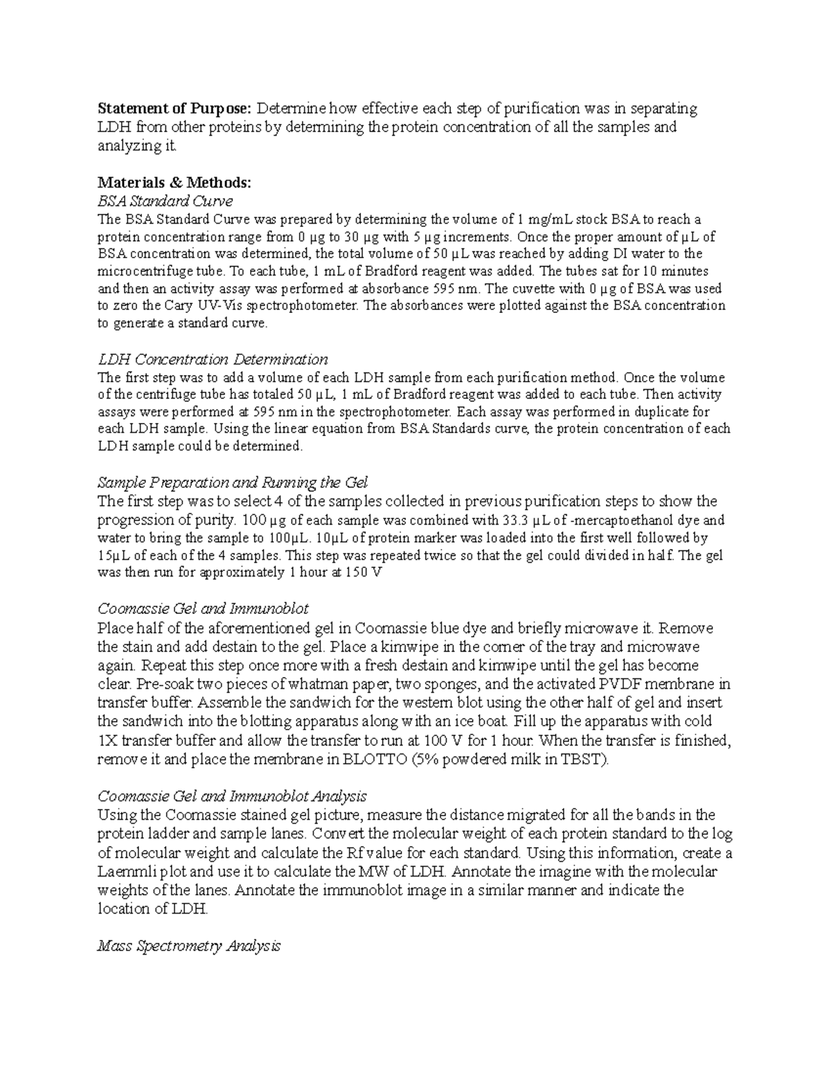 Lactate Dehydrogenase Purification Lab Report - Statement of Purpose ...