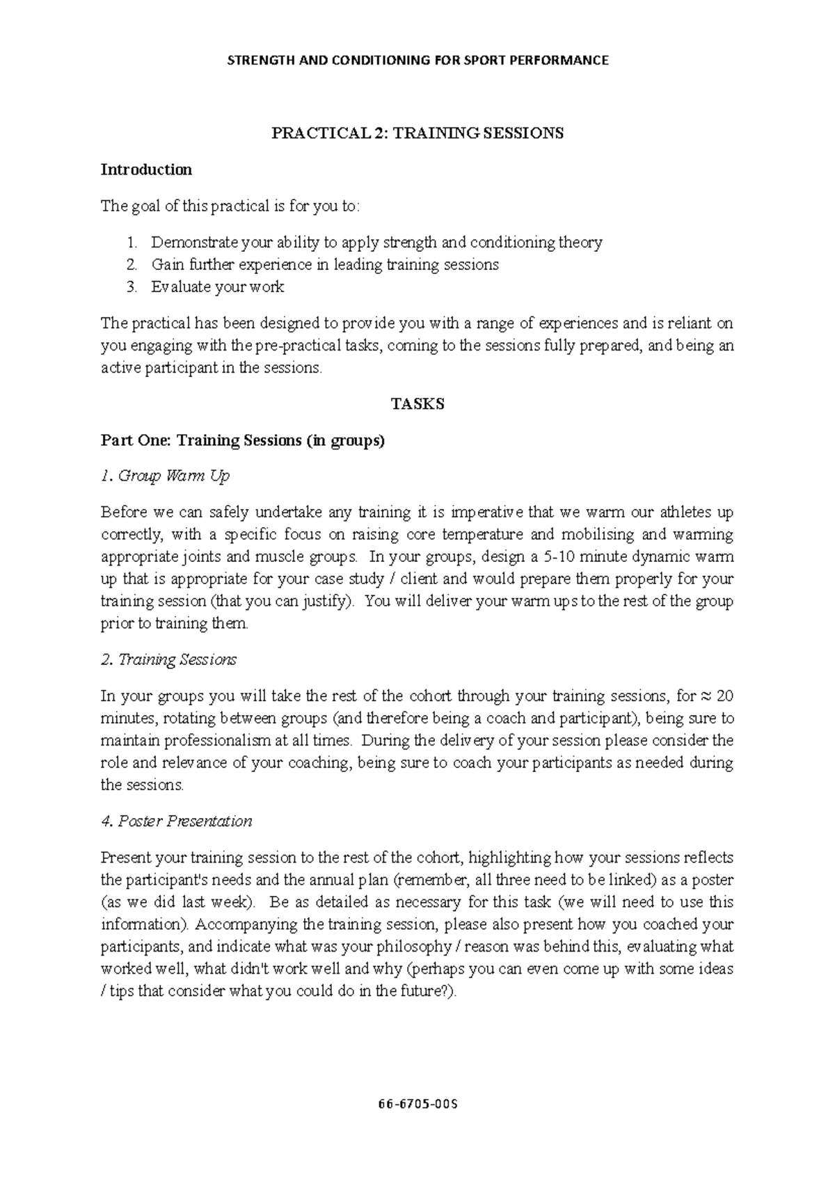 Training Sessions notes for practical 1 level 5 - STRENGTH AND ...