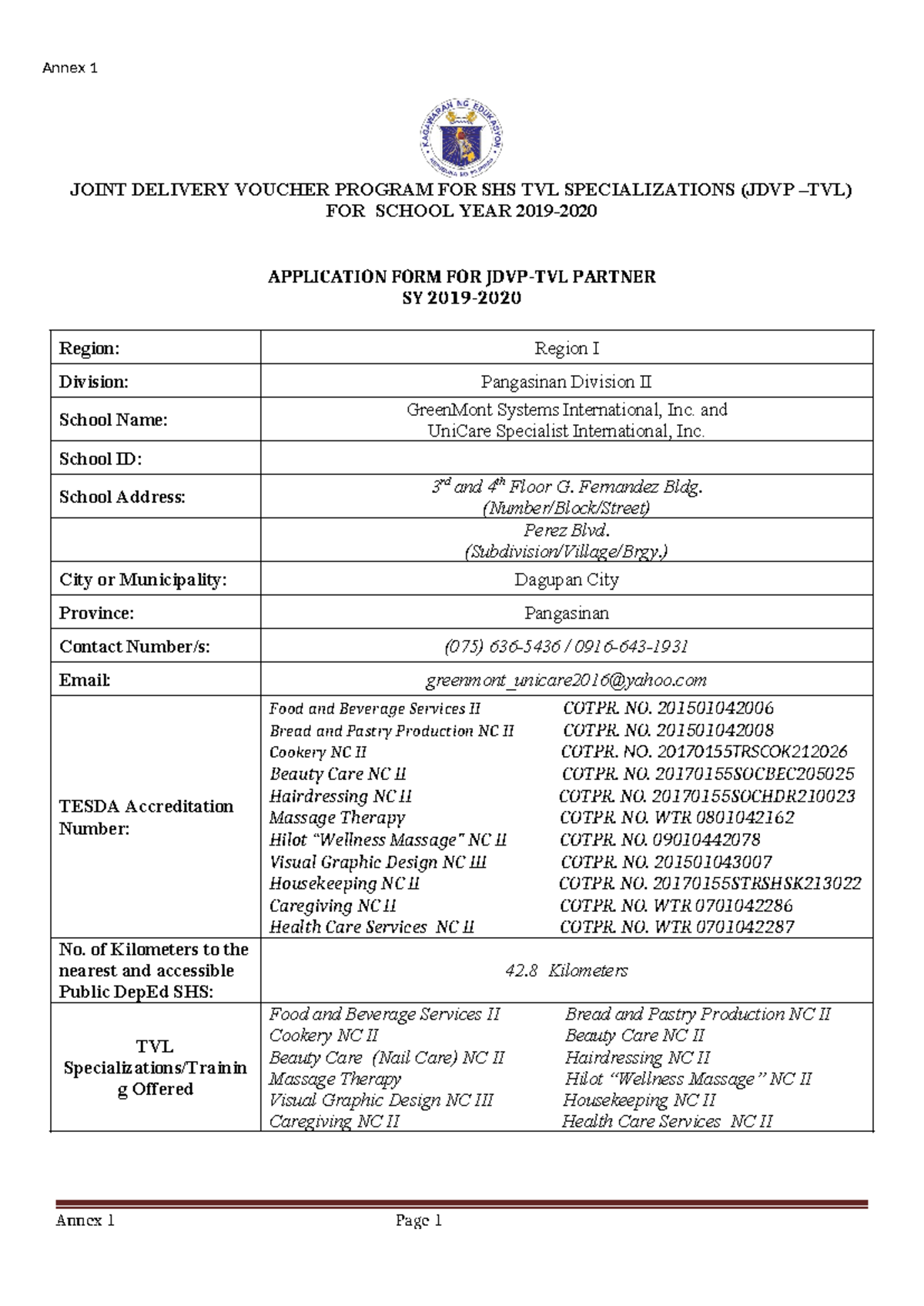 Annex 1 JDVP-TVL Rosales - Annex 1 JOINT DELIVERY VOUCHER PROGRAM FOR SHS TVL SPECIALIZATIONS ...
