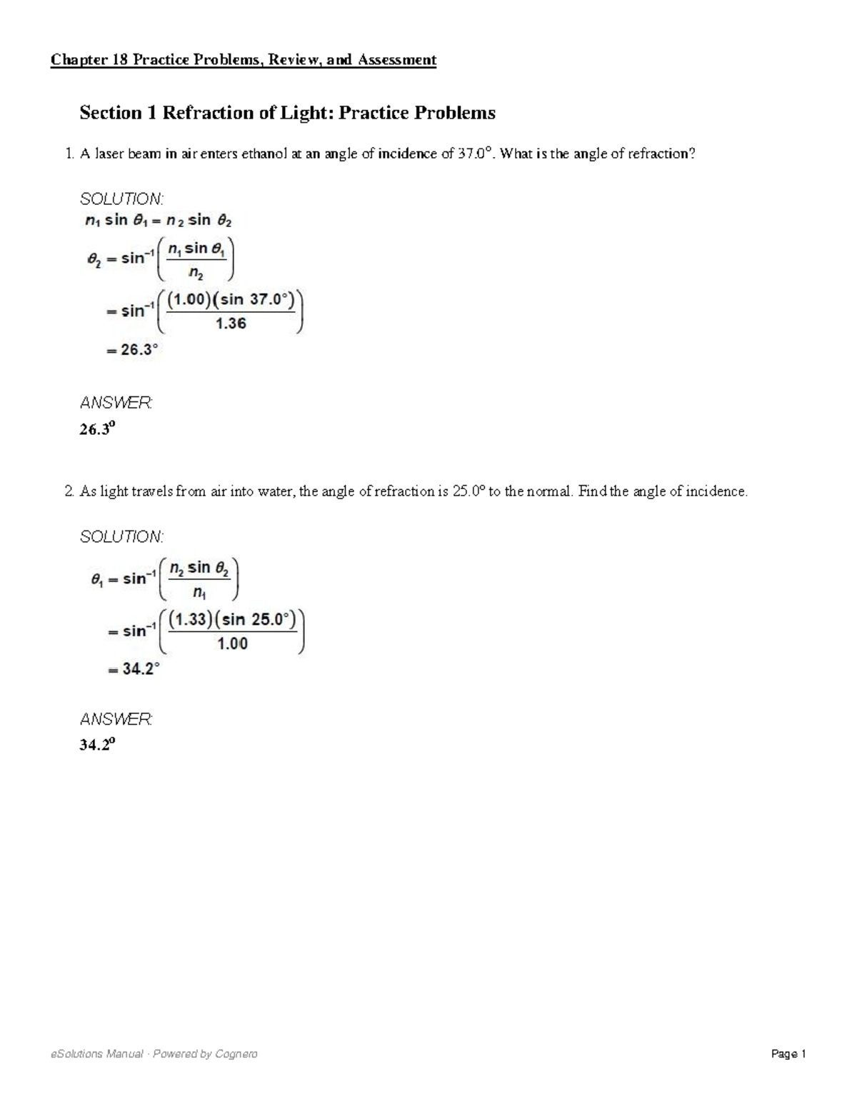 BW21 answers - Propagation of light examples - Section 1 Refraction of Light: Practice Problems ...