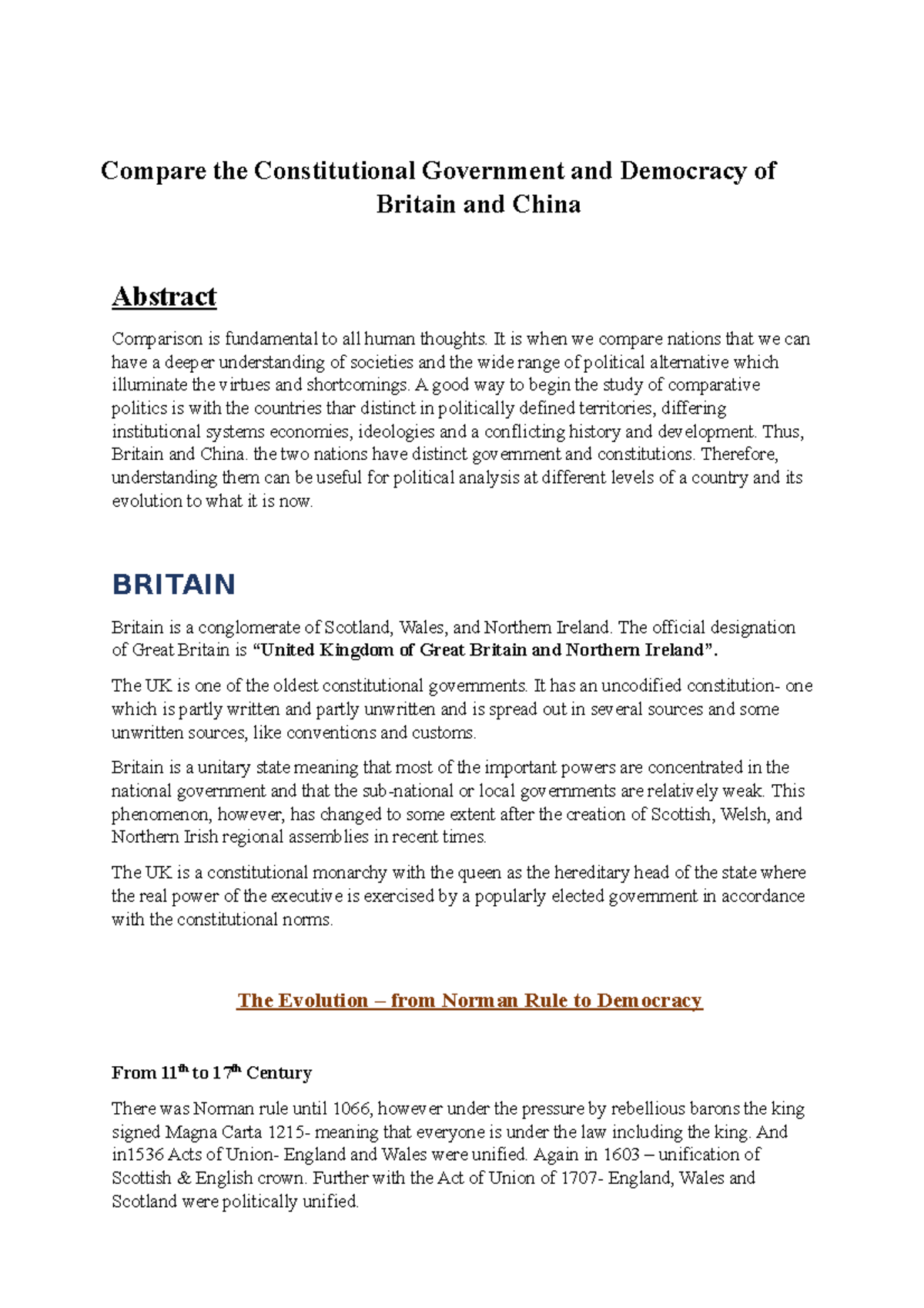 Comparison of Britain and China - Compare the Constitutional Government ...