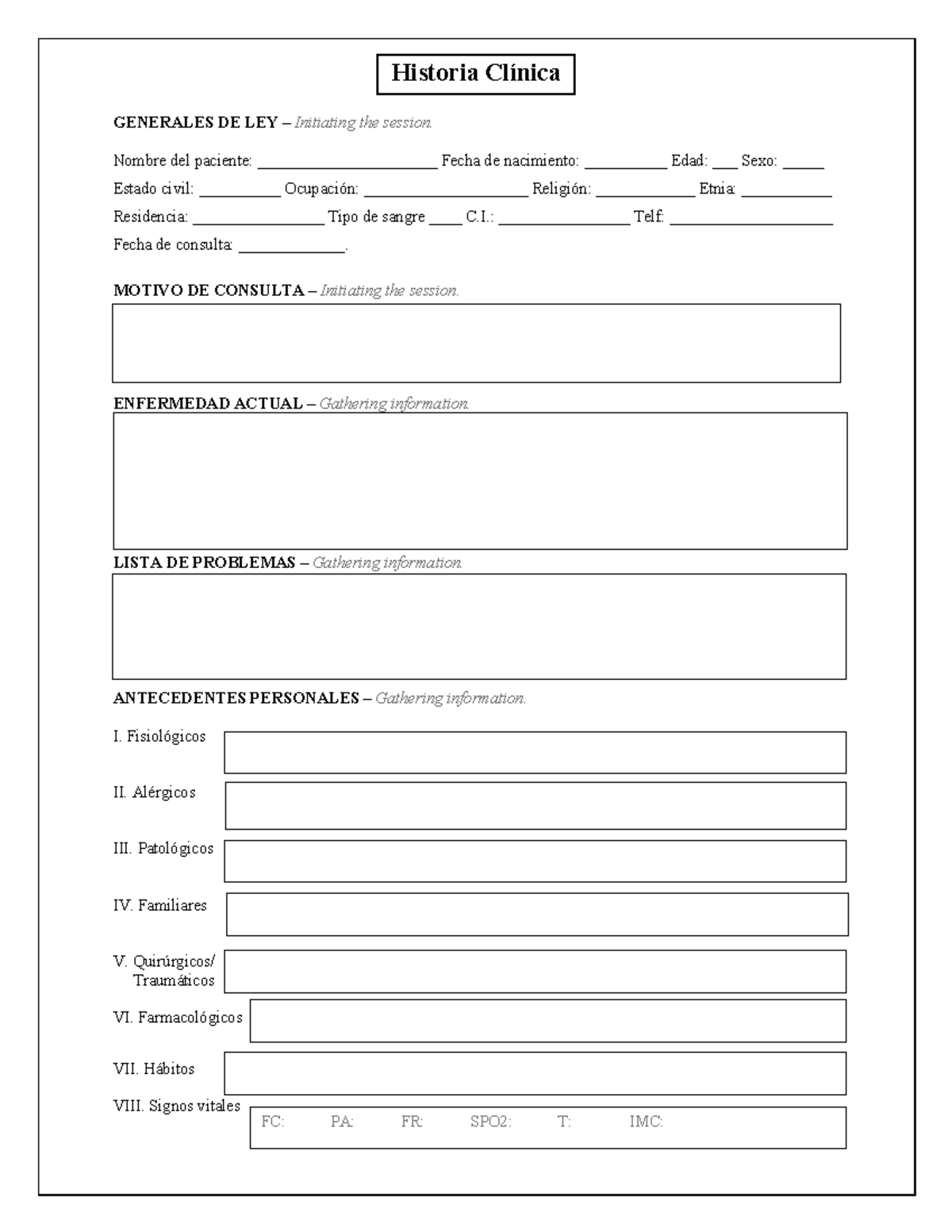 Historia clínica sin guía - Historia Clínica GENERALES DE LEY ...