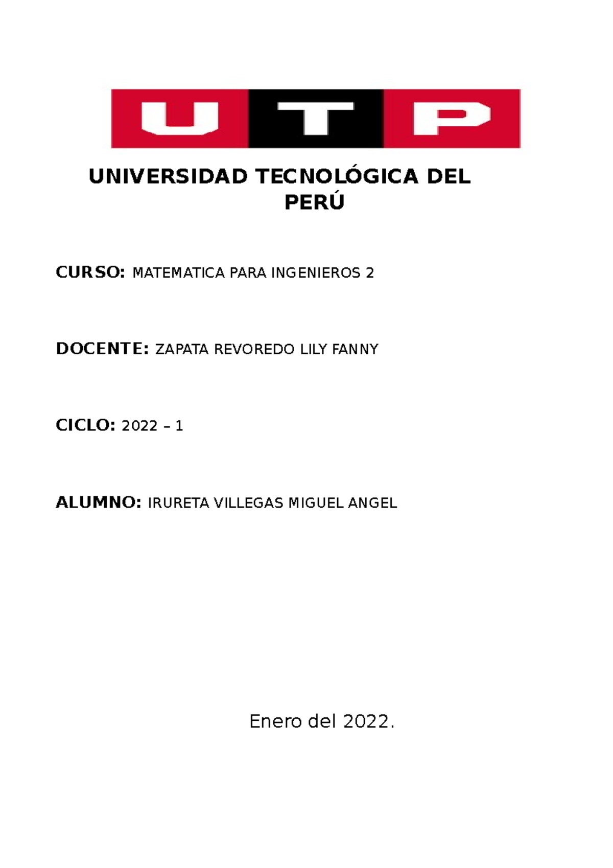 (ACV-S03) Tarea Calificada 1 - EP1 - UNIVERSIDAD TECNOLÓGICA DEL PERÚ CURSO: MATEMATICA PARA ...