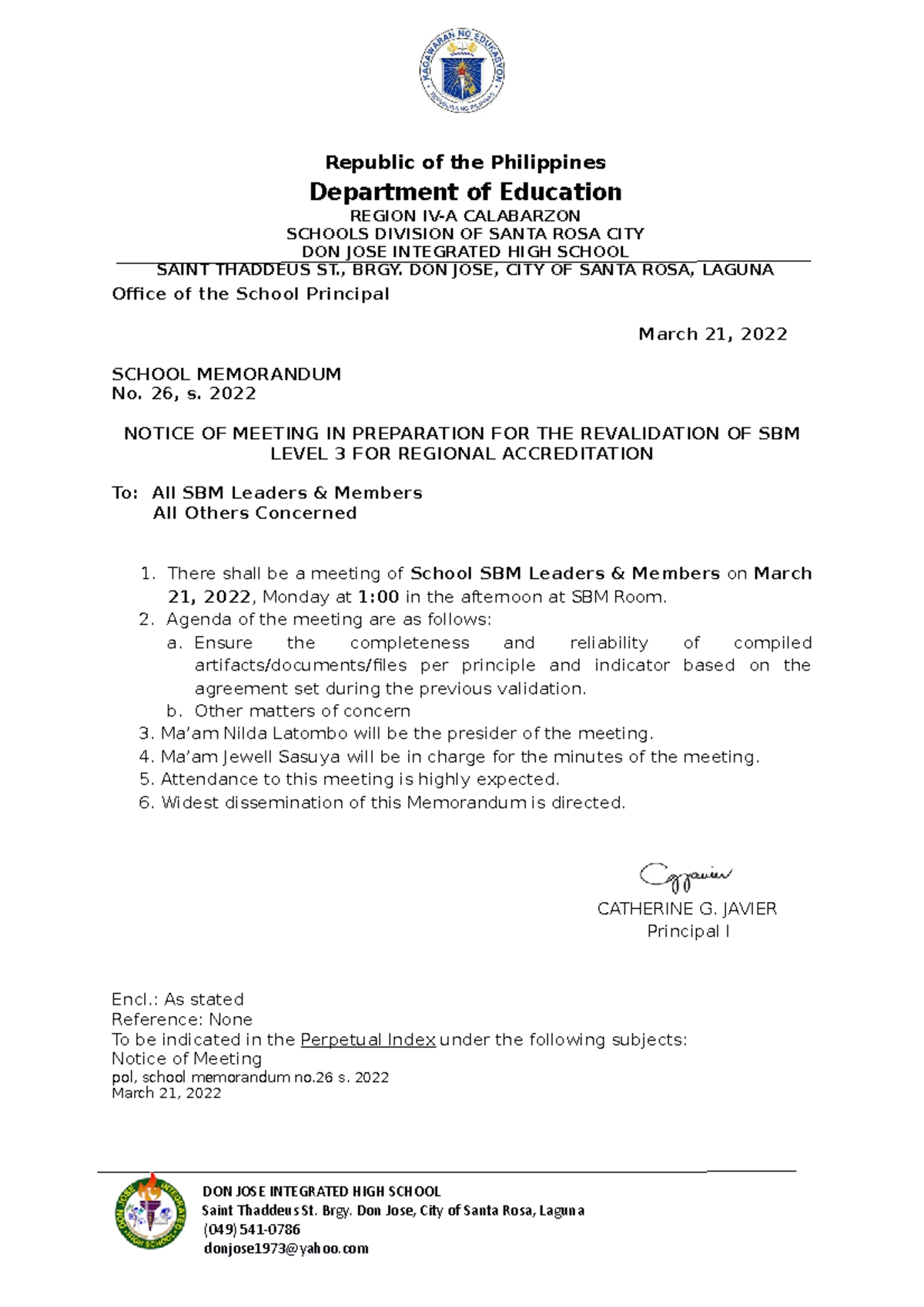 School-Memo-No-26-2022-Notice of Meeting - Office of the School ...