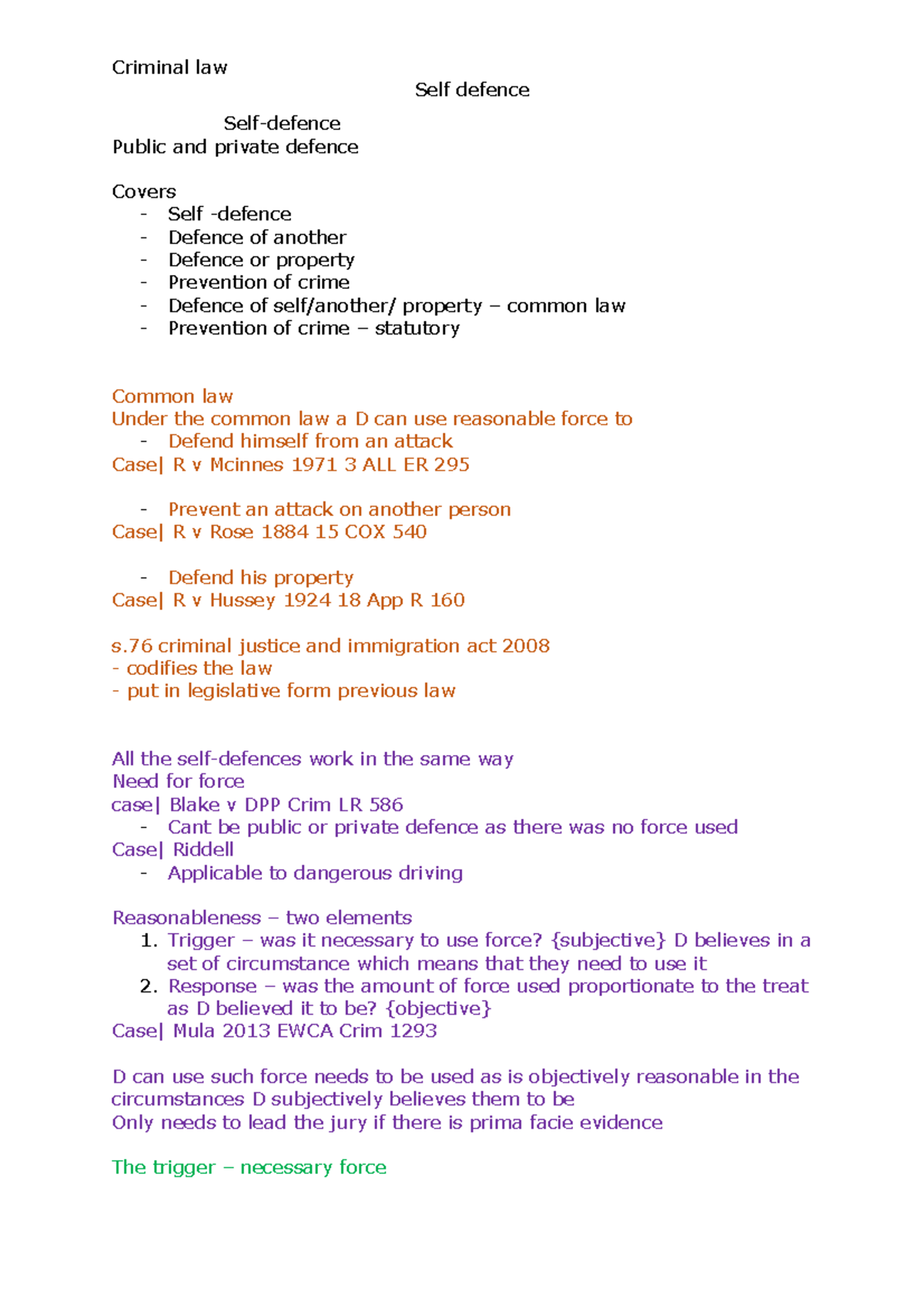 Self-defence - notes on sd - Criminal law Self defence Public and ...
