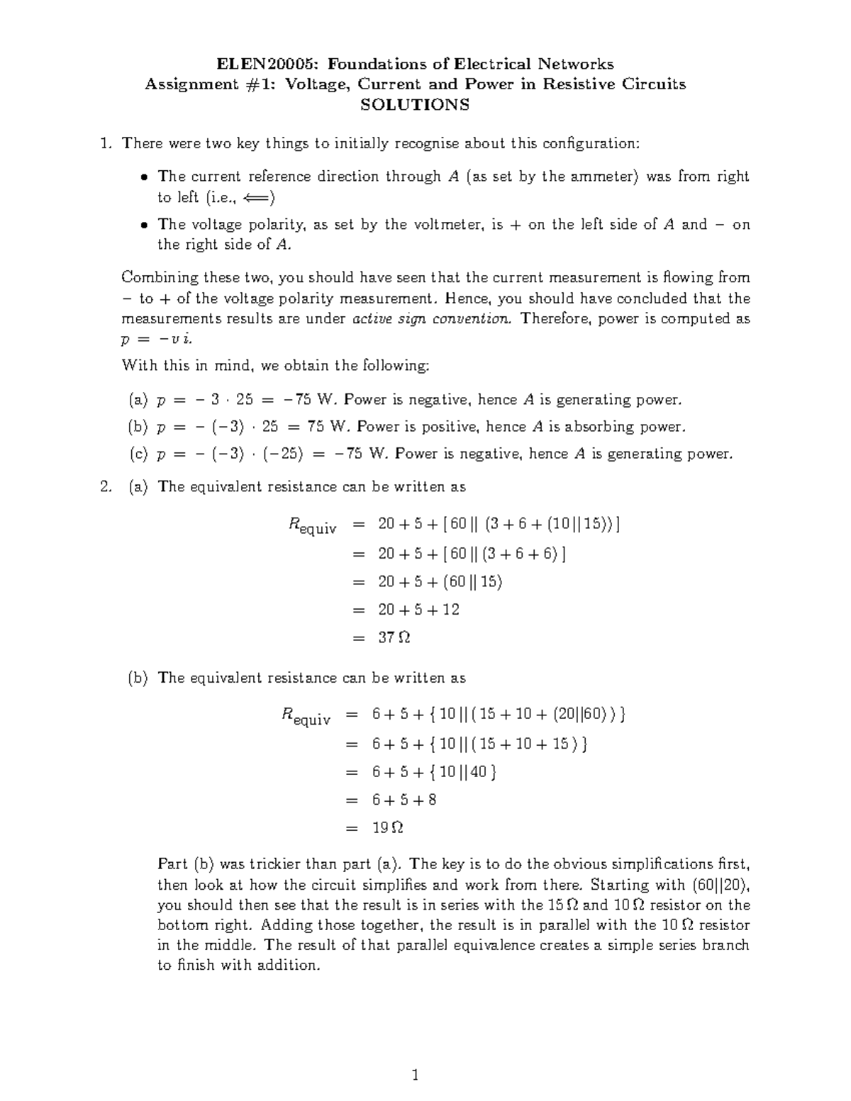 Fo EN Assignment 1 Solutions - ELEN20005: Foundations of Electrical ...
