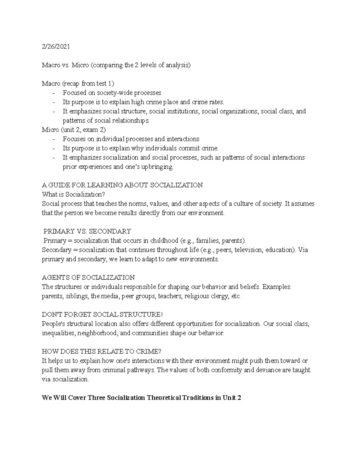 Test 2 Notes - 2/26/ Macro vs. Micro (comparing the 2 levels of ...
