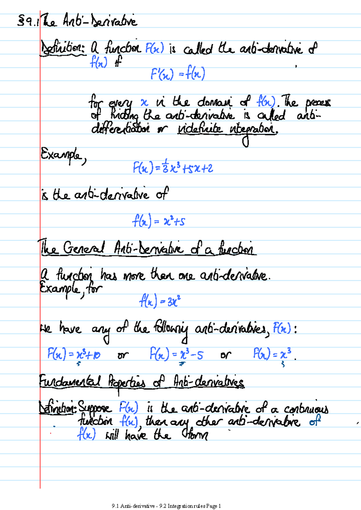 9.1 Anti-derivative - 9.2 Integration rules(7May) - Maths124 - Studocu
