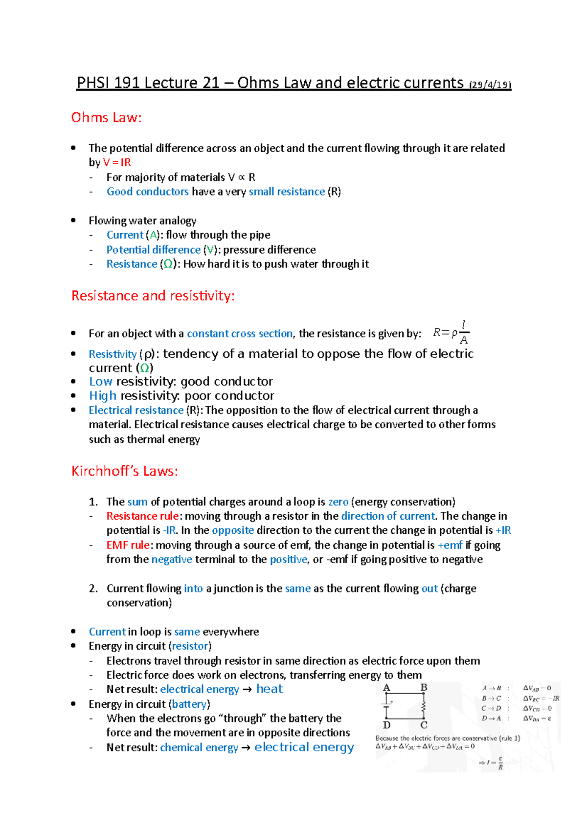 PHSI 191 Lecture 21 - PHSI191 - PHSI 191 Lecture 21 – Ohms Law and electric current s (29/4/19 ...