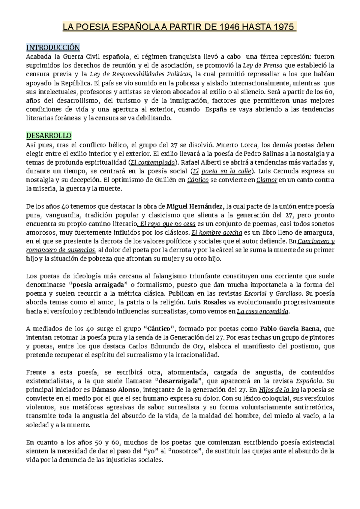 LA Poesia Española - resumen literatura - LA POESIA ESPAÑOLA A PARTIR ...