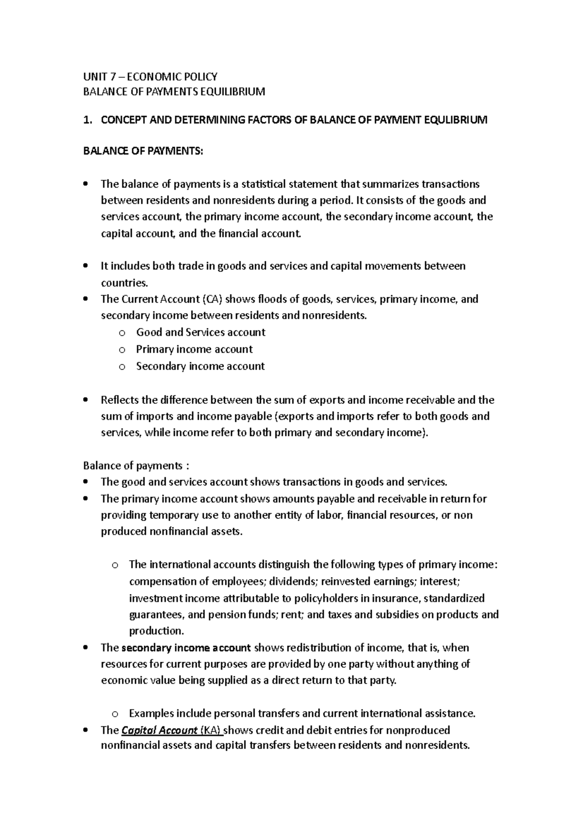 UNIT 7 - BALANCE OF PAYMENTS - UNIT 7 – ECONOMIC POLICY BALANCE OF ...