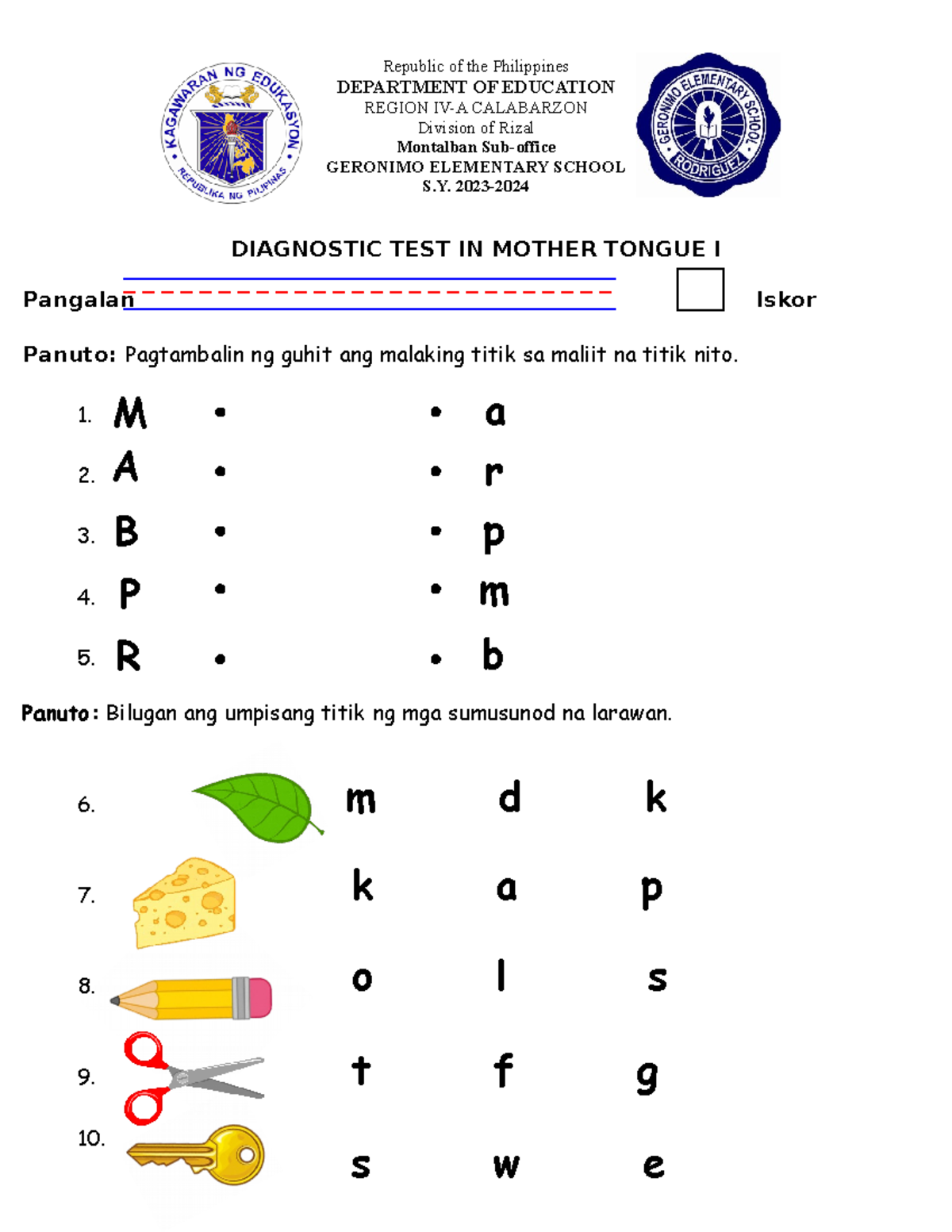 Diagnostic-TEST-2023 - REGION IV-A CALABARZONDivision of Rizal GERONIMO ...
