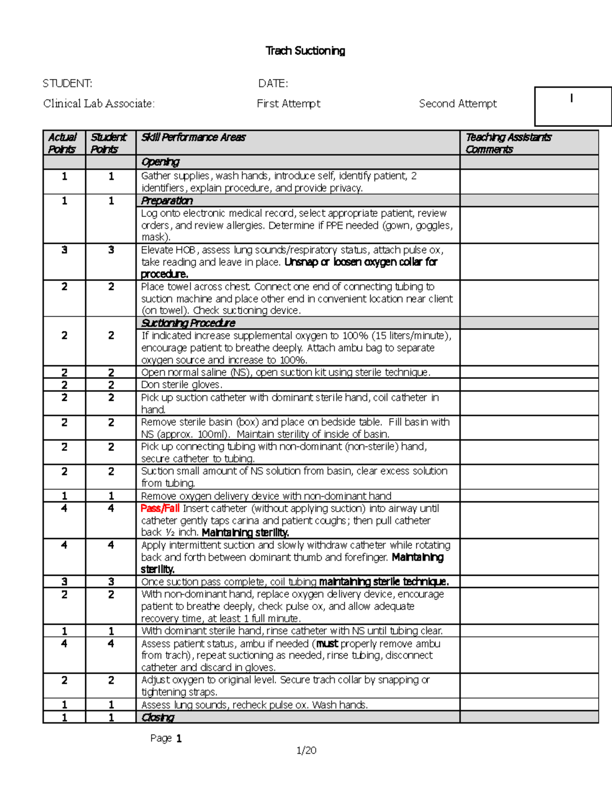 Trach Suctioning 1-20 - Trach Suctioning STUDENT: DATE: Clinical Lab ...