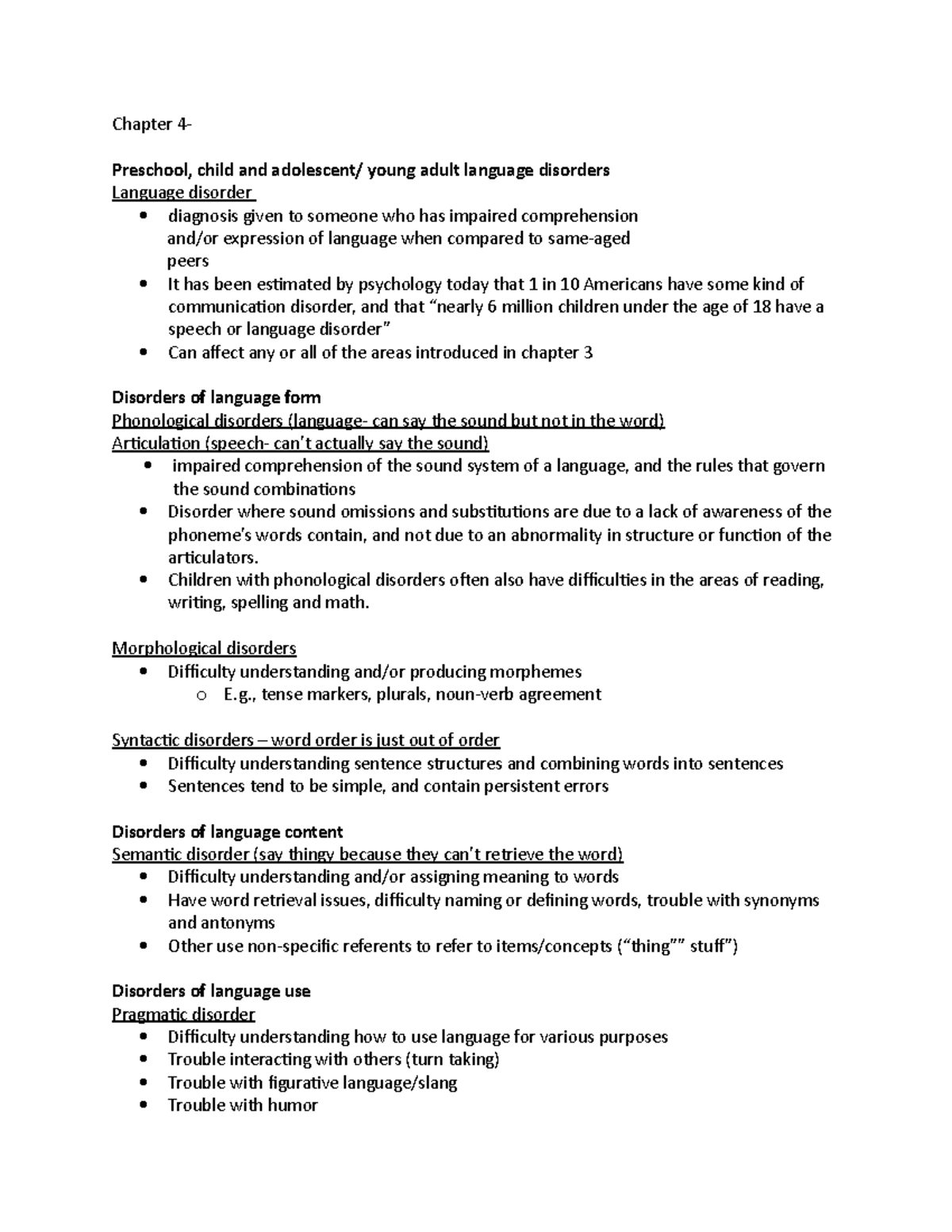 Csd chapter 4 notes - Chapter 4- Preschool, child and adolescent/ young ...