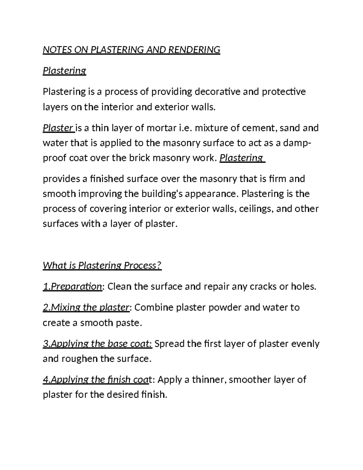 Notes on plastering - Am a student at kirinyaga university doing ...