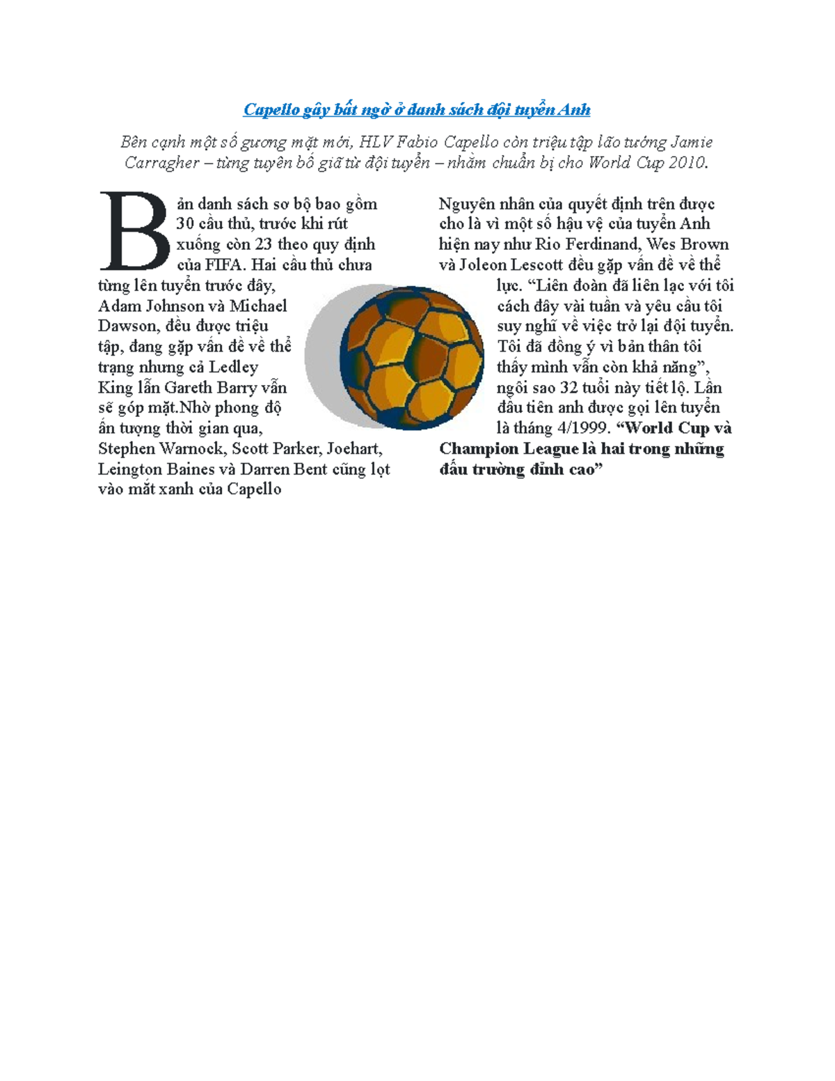 Bài Tập Thực Hành - sadfa - Capello gây bất ngờ ở danh sách đội tuyển ...