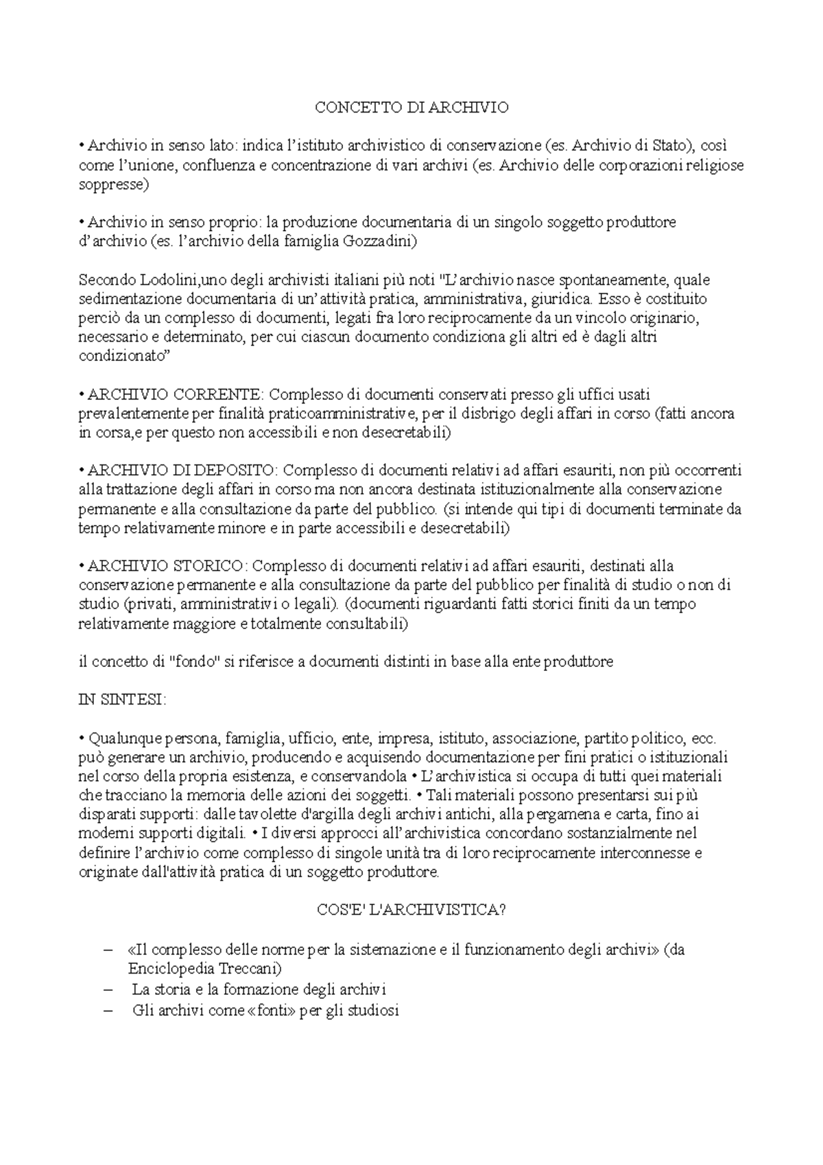 Archivistica Esame - CONCETTO DI ARCHIVIO Archivio in senso lato ...