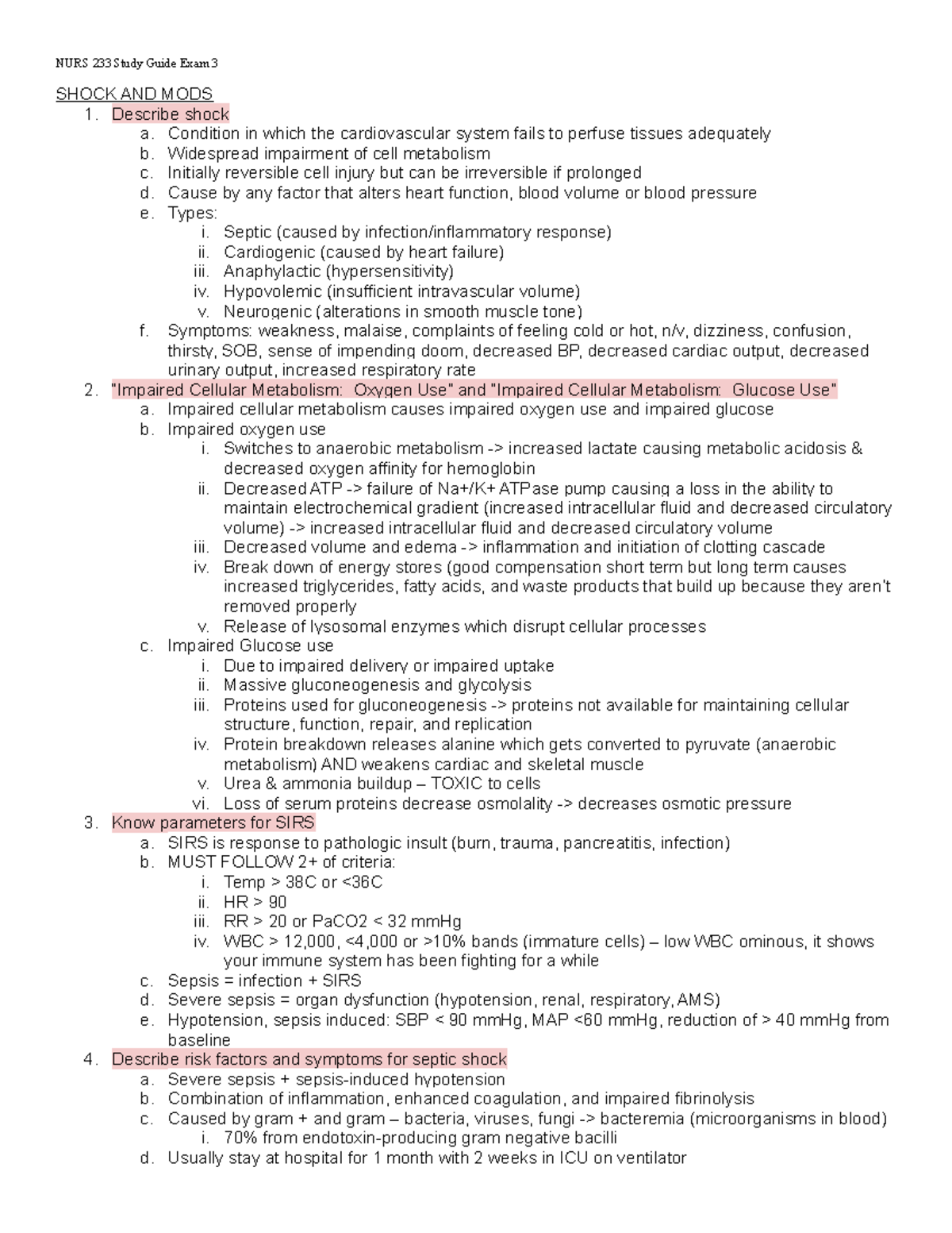 (233) Exam 3 Study Guide - NURS 233 Study Guide Exam 3 SHOCK AND MODS 1 ...