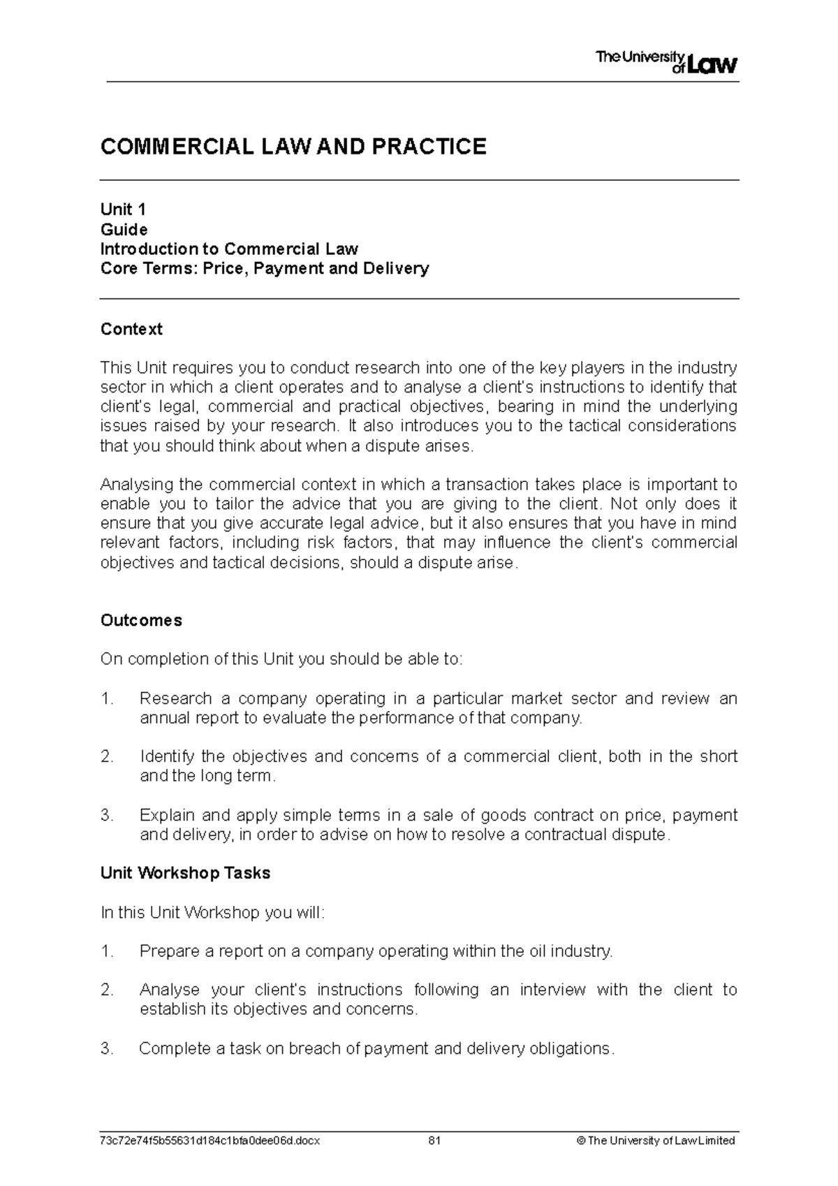2223 comm ws01 ce01 guide t - COMMERCIAL LAW AND PRACTICE Unit 1 Guide ...